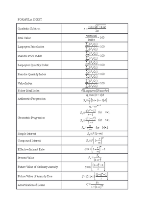 Formula sheet of all quantitative techniques - FORMULA SHEET: Mean of a uniform distribution 2 a ...