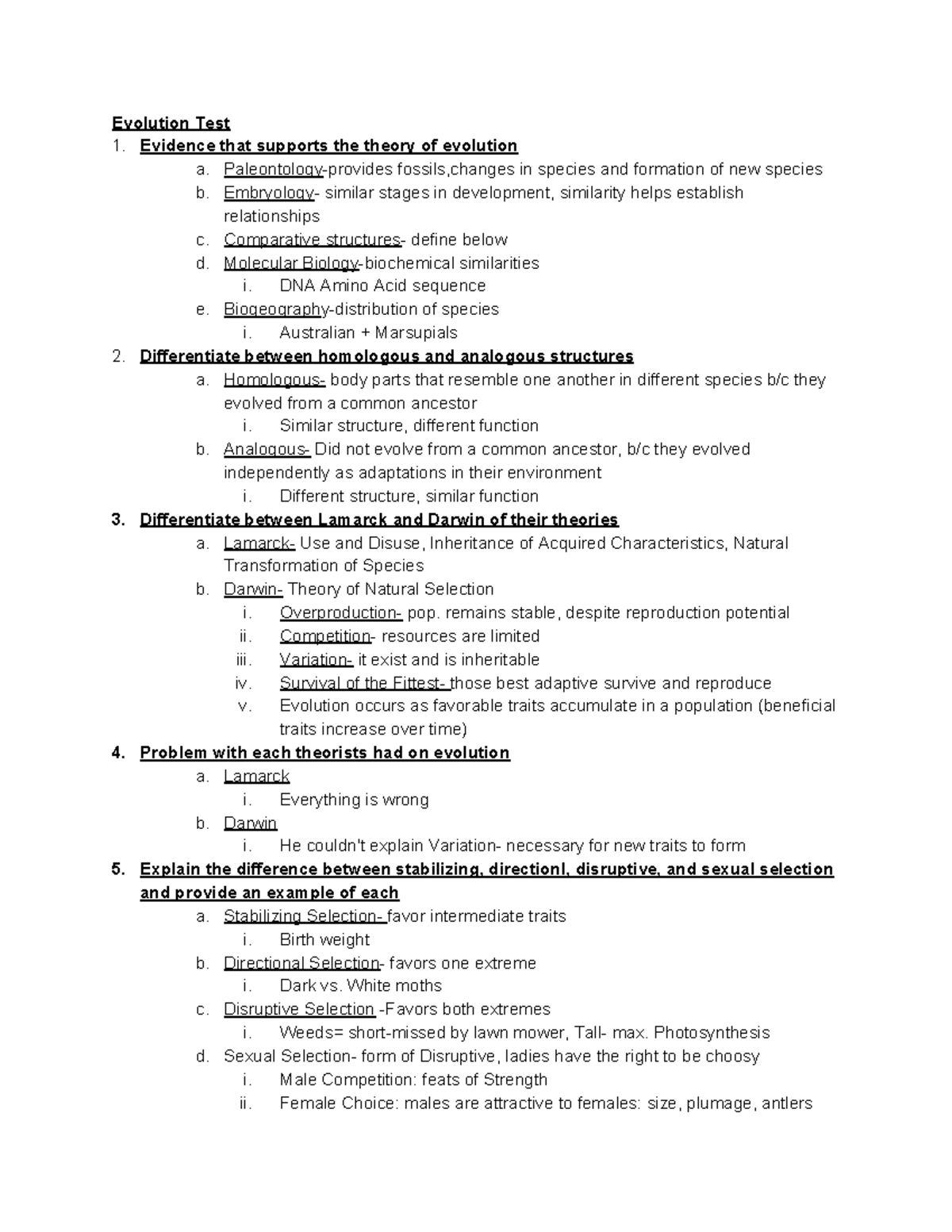 Evolution - notes - Evolution Test Evidence that supports the theory of ...