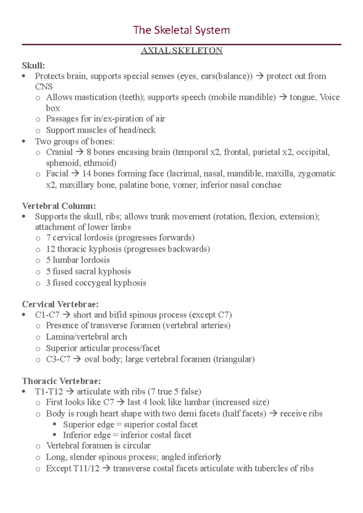 Final study notes, medi111 - The Skeletal System AXIAL SKELETON Skull ...