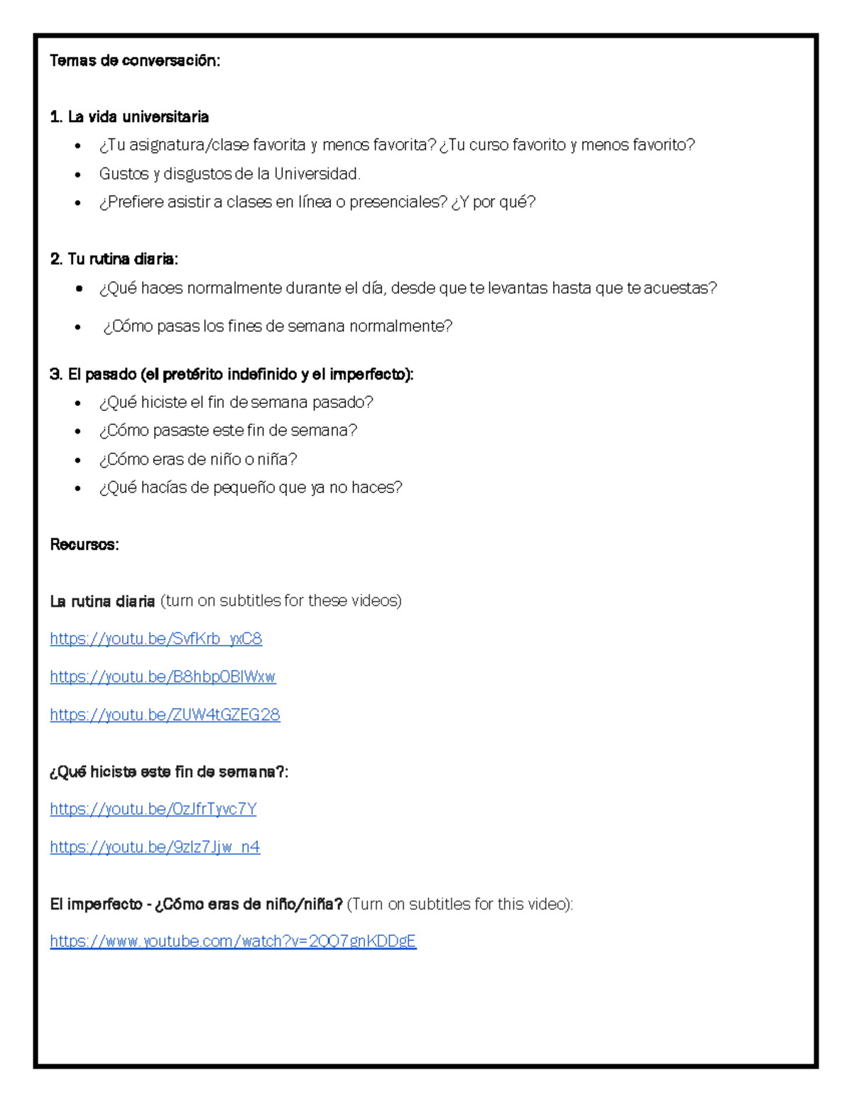 SPAN1000 - Temas de conversación - Temas de conversación: La vida ...
