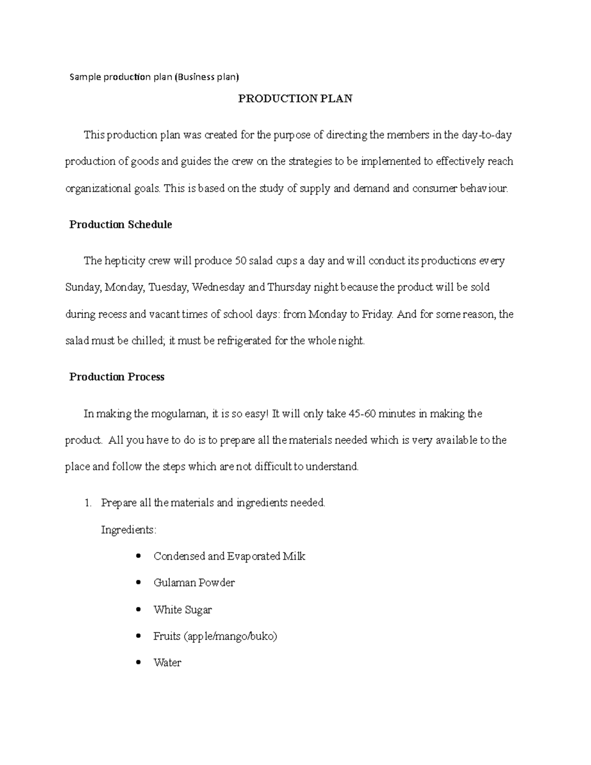 Sample production plan - This is based on the study of supply and ...