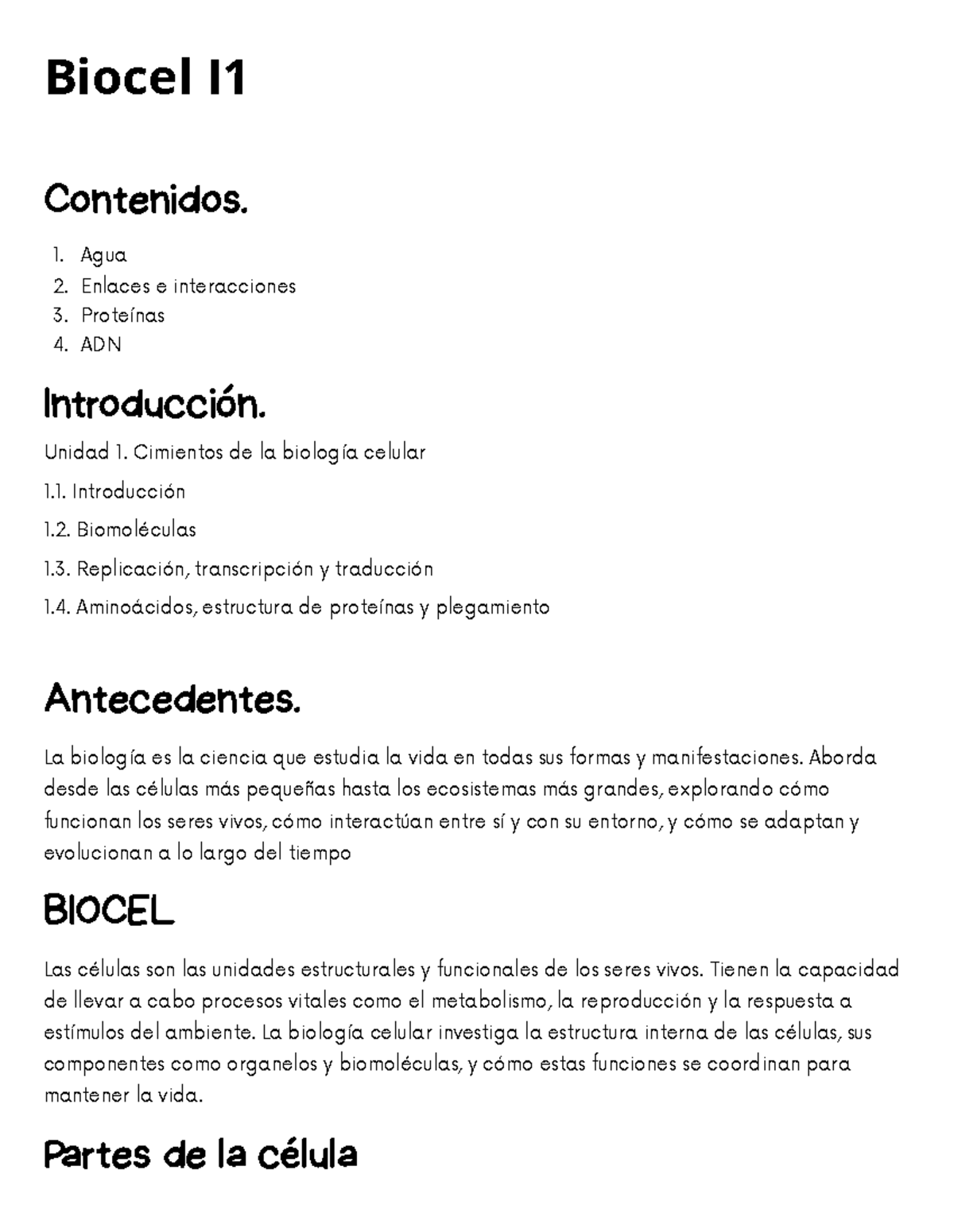 Biocel I1 agua adn proteinas - Biocel I Contenidos. Introducción. Unidad 1. Cimientos de la ...