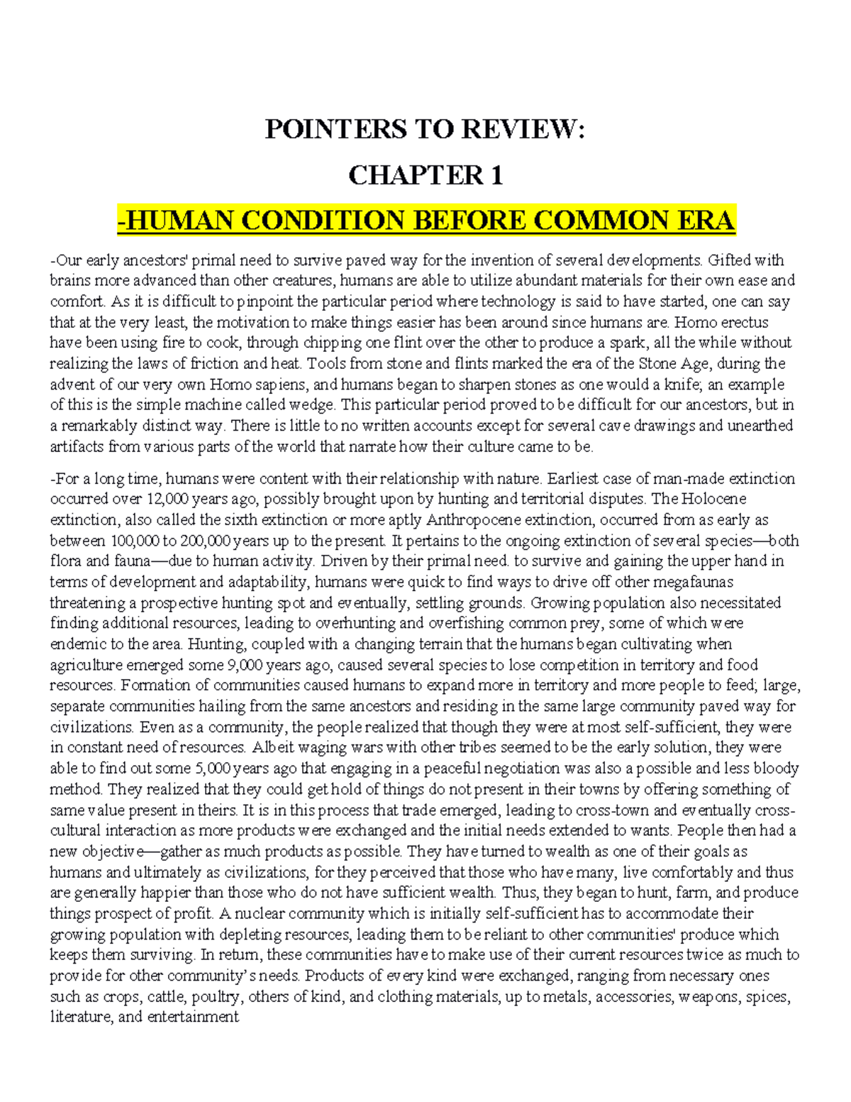 GEC 7 Pointers TO Review - POINTERS TO REVIEW: CHAPTER 1 - HUMAN CONDITION BEFORE COMMON ERA ...