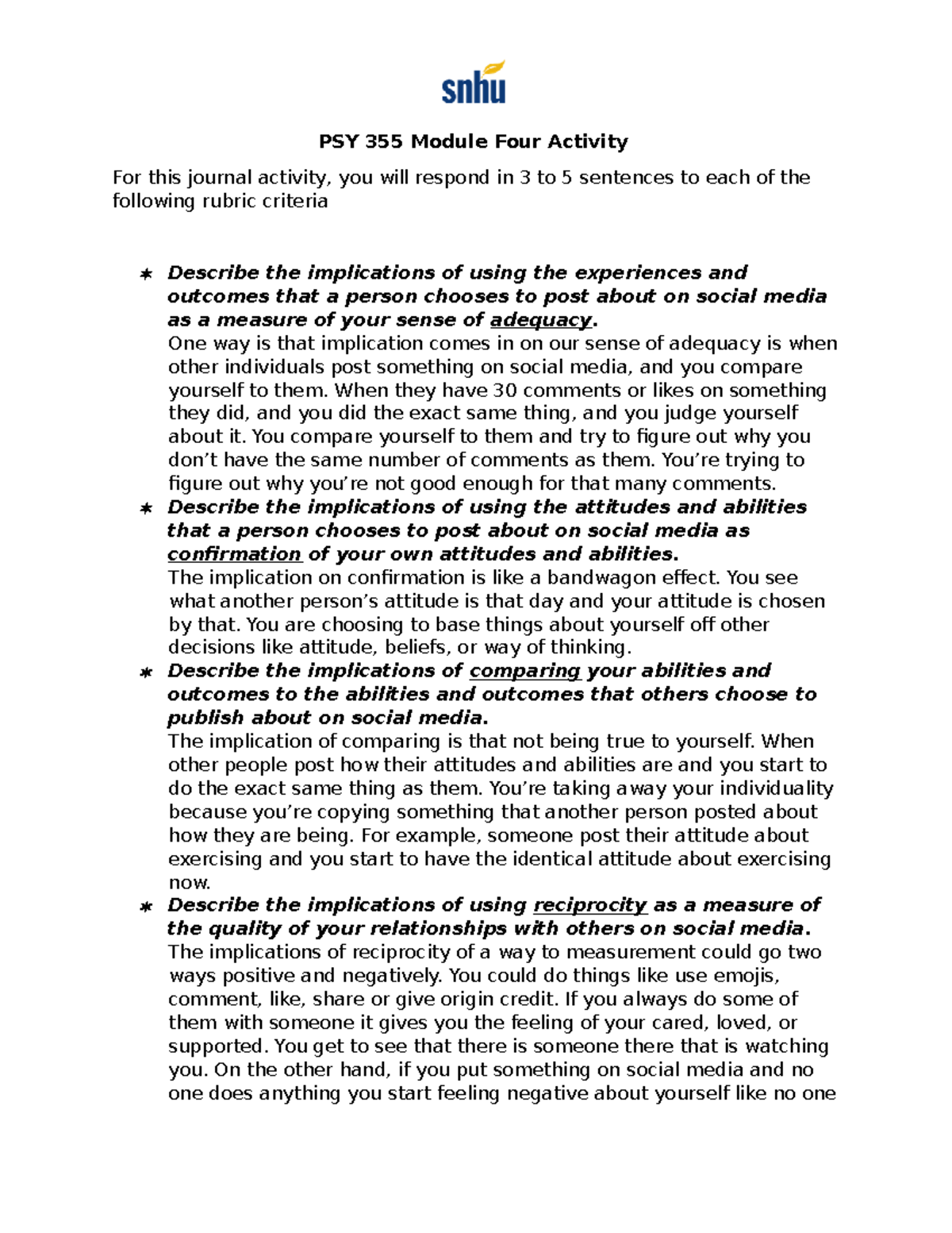 Module 4 Activety done - class work - PSY 355 Module Four Activity For ...