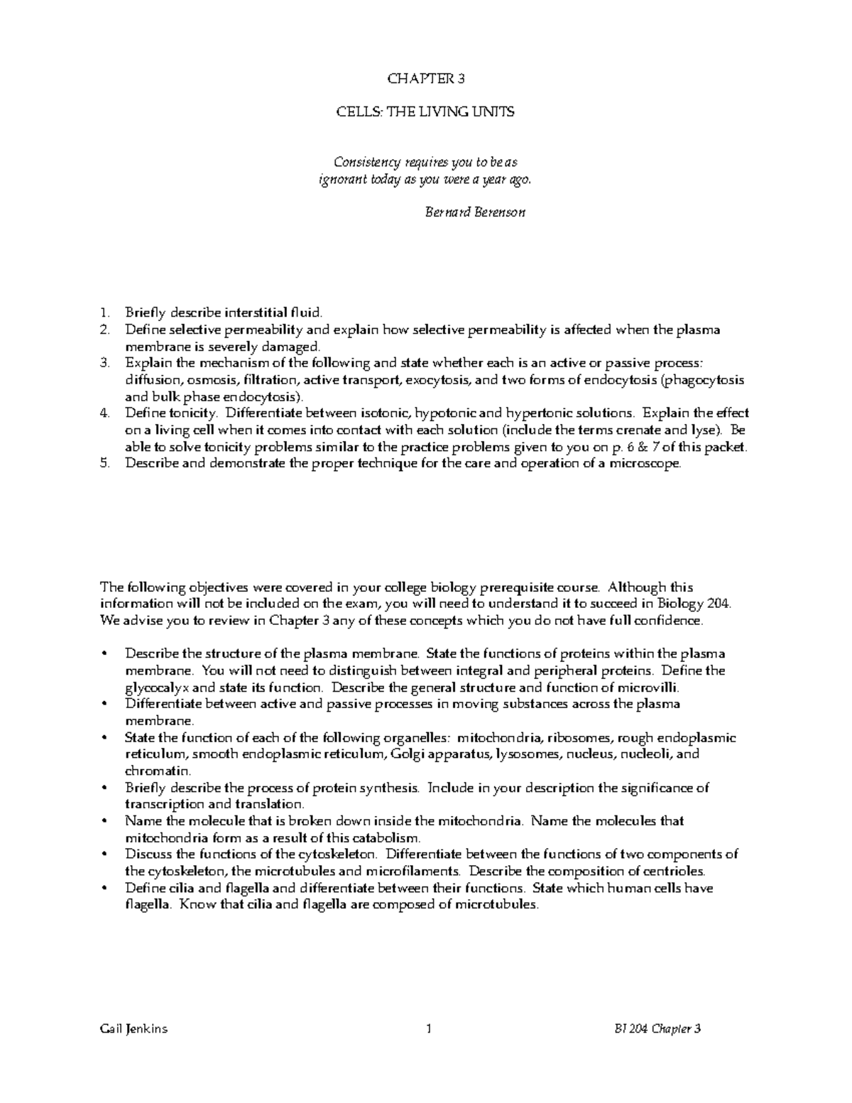 Chapter 3 objective - Biology - CHAPTER 3 CELLS: THE LIVING UNITS ...