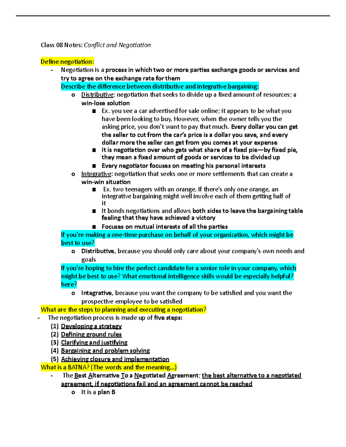 Class 08 Notes Negotiation - Class 08 Notes: Conflict and Negotiation ...