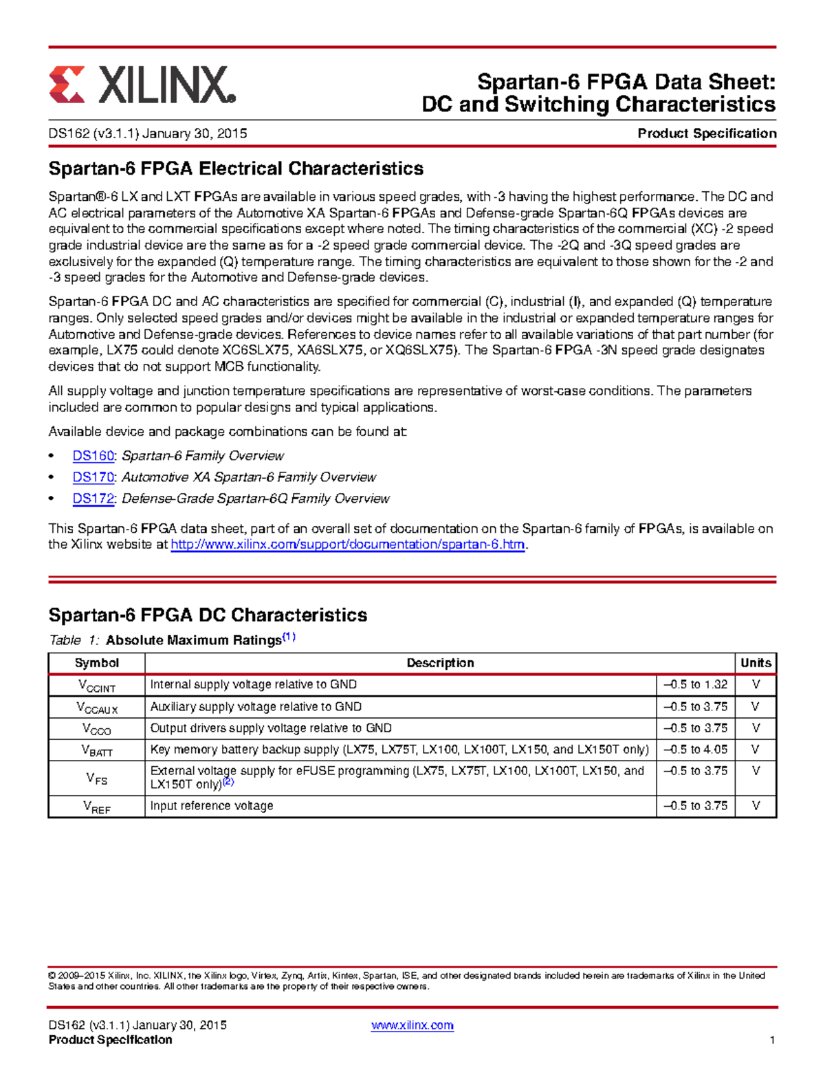 Ds162 - datasheet - DS162 (v3.1) January 30, 2015 xilinx © 2009–2015 ...
