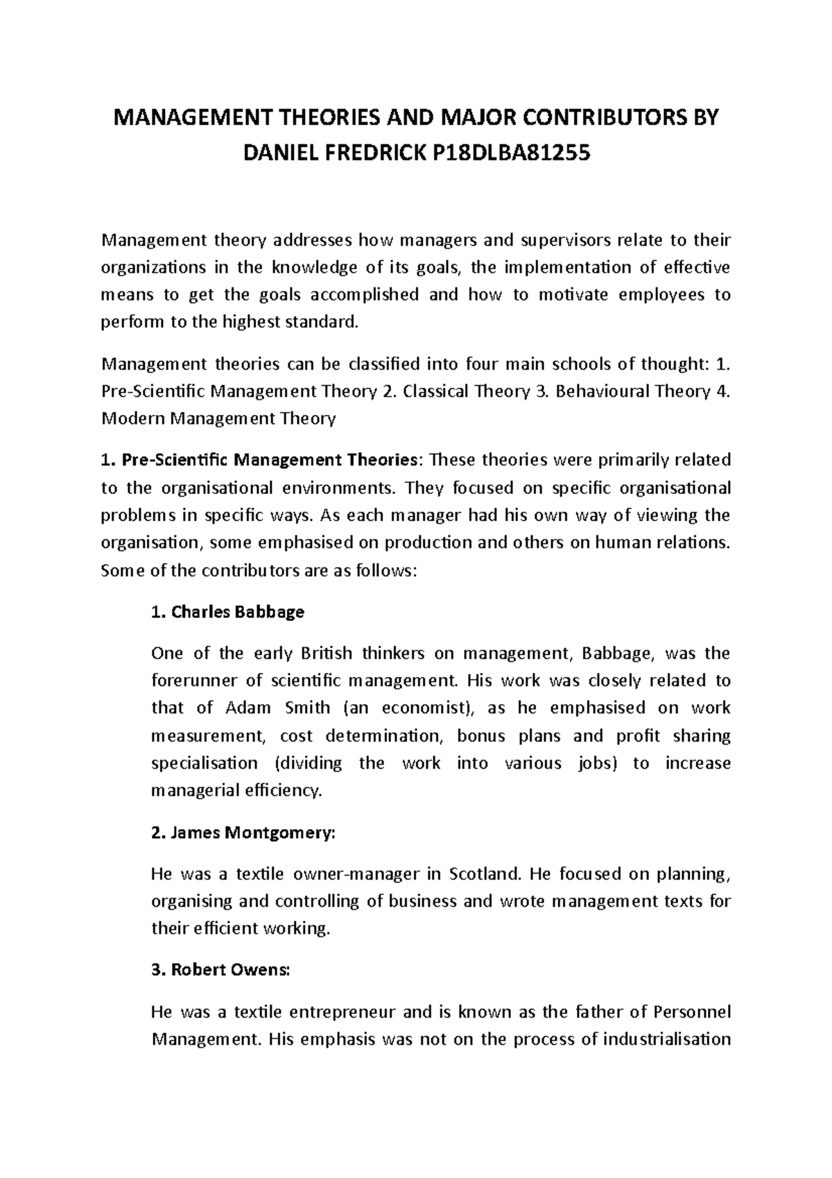 Management Theories AND Major Contributors BY Daniel Fredrick ...