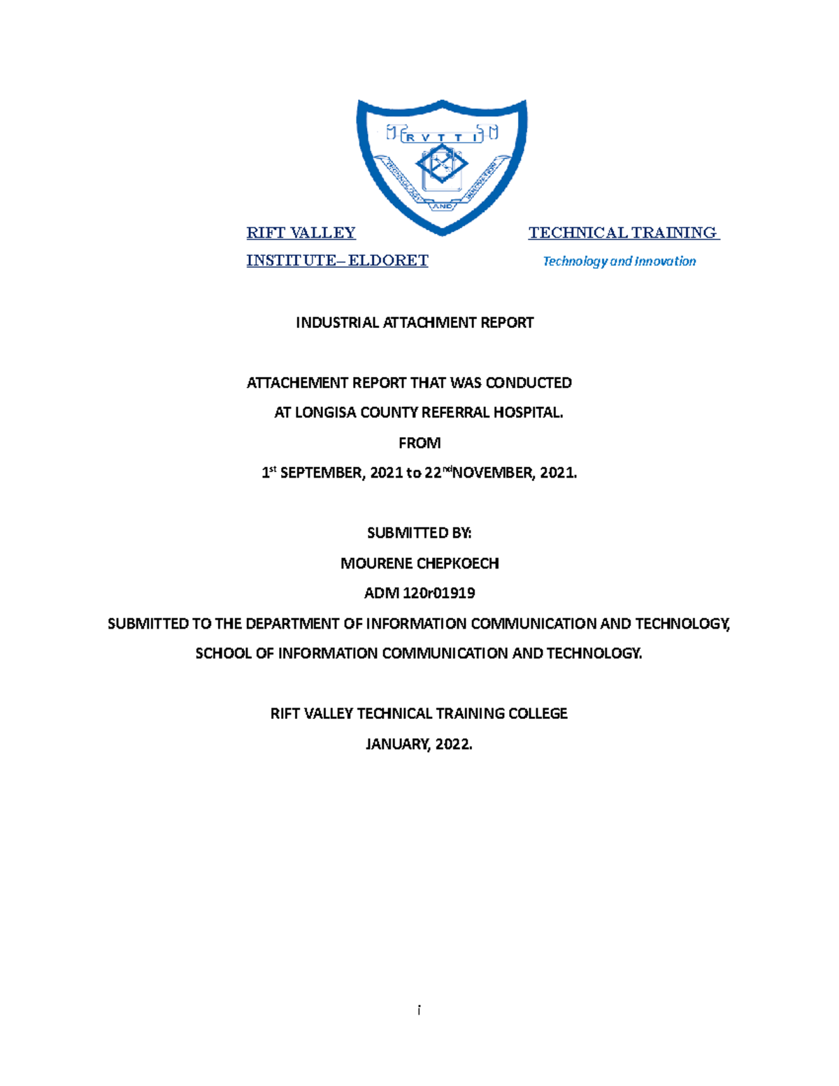 My Attachment Report - RIFT VALLEY TECHNICAL TRAINING INSTITUTE ...