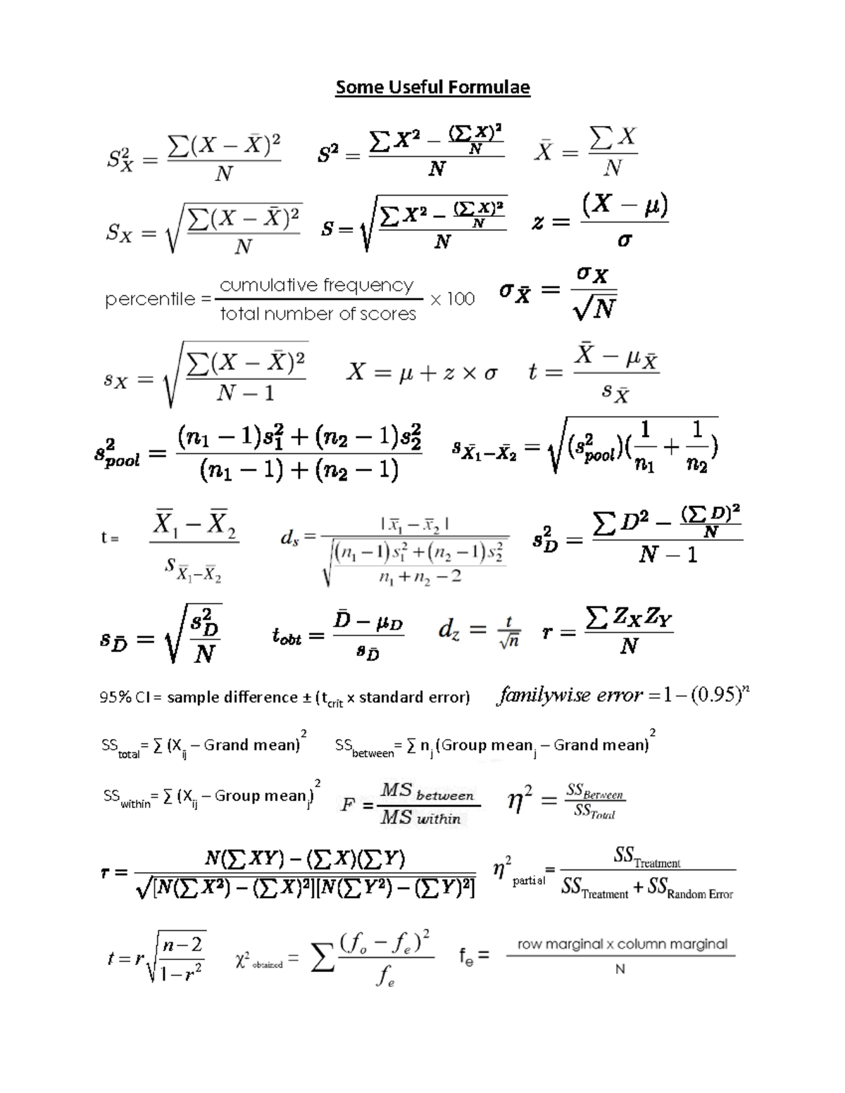 (2023) Final Exam Formula Sheet and Tables - n familywise error 1 ( 0 ...
