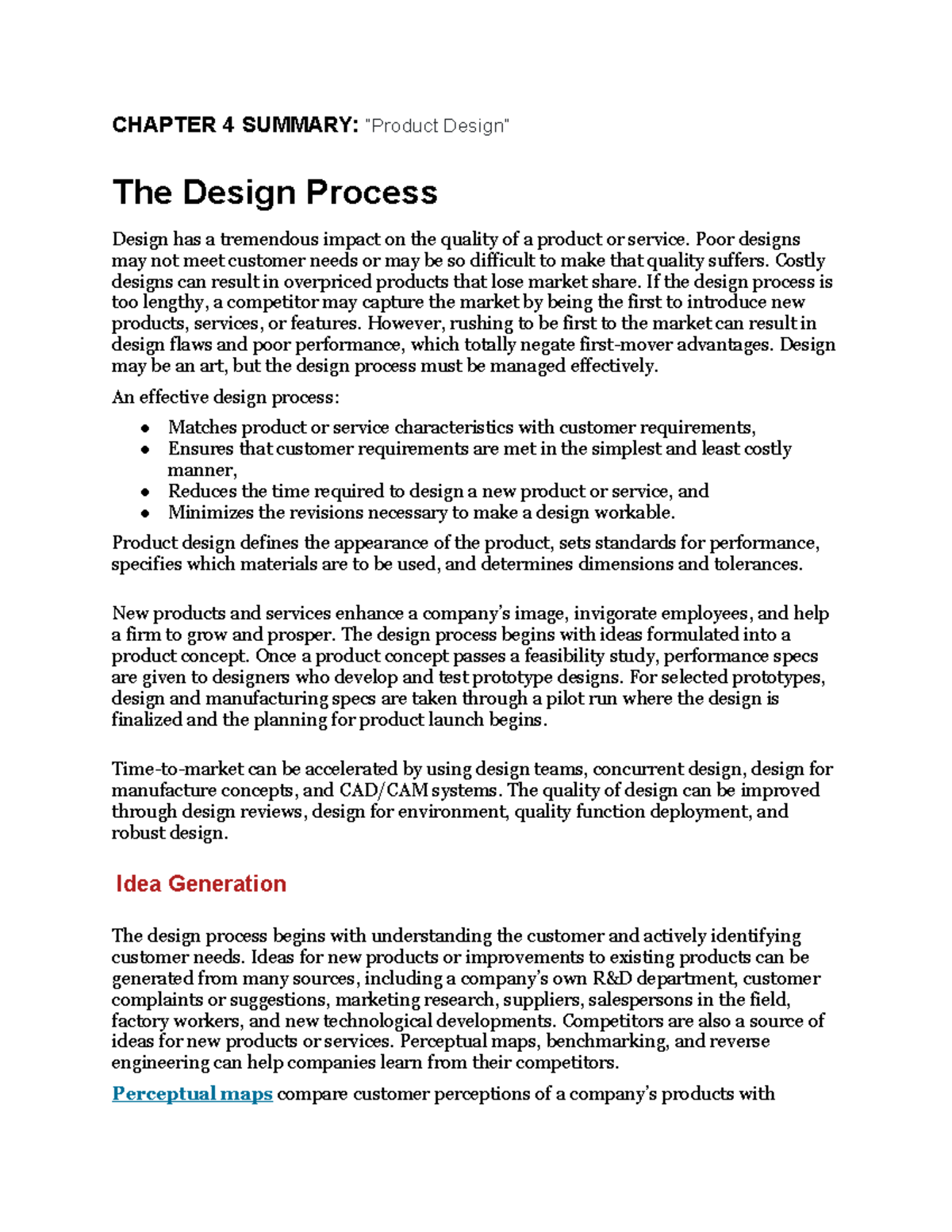 MT435 Chapter 4 Summary - CHAPTER 4 SUMMARY: “Product Design” The Design Process Design has a ...