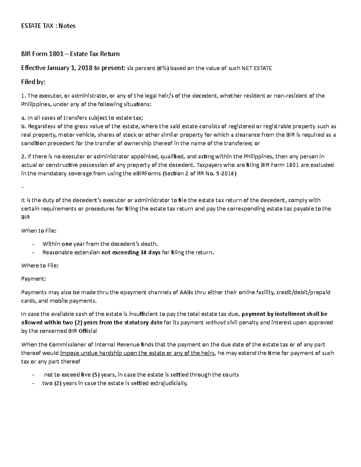 Estate TAX - ESTATE TAX : Notes BIR Form 1801 – Estate Tax Return ...