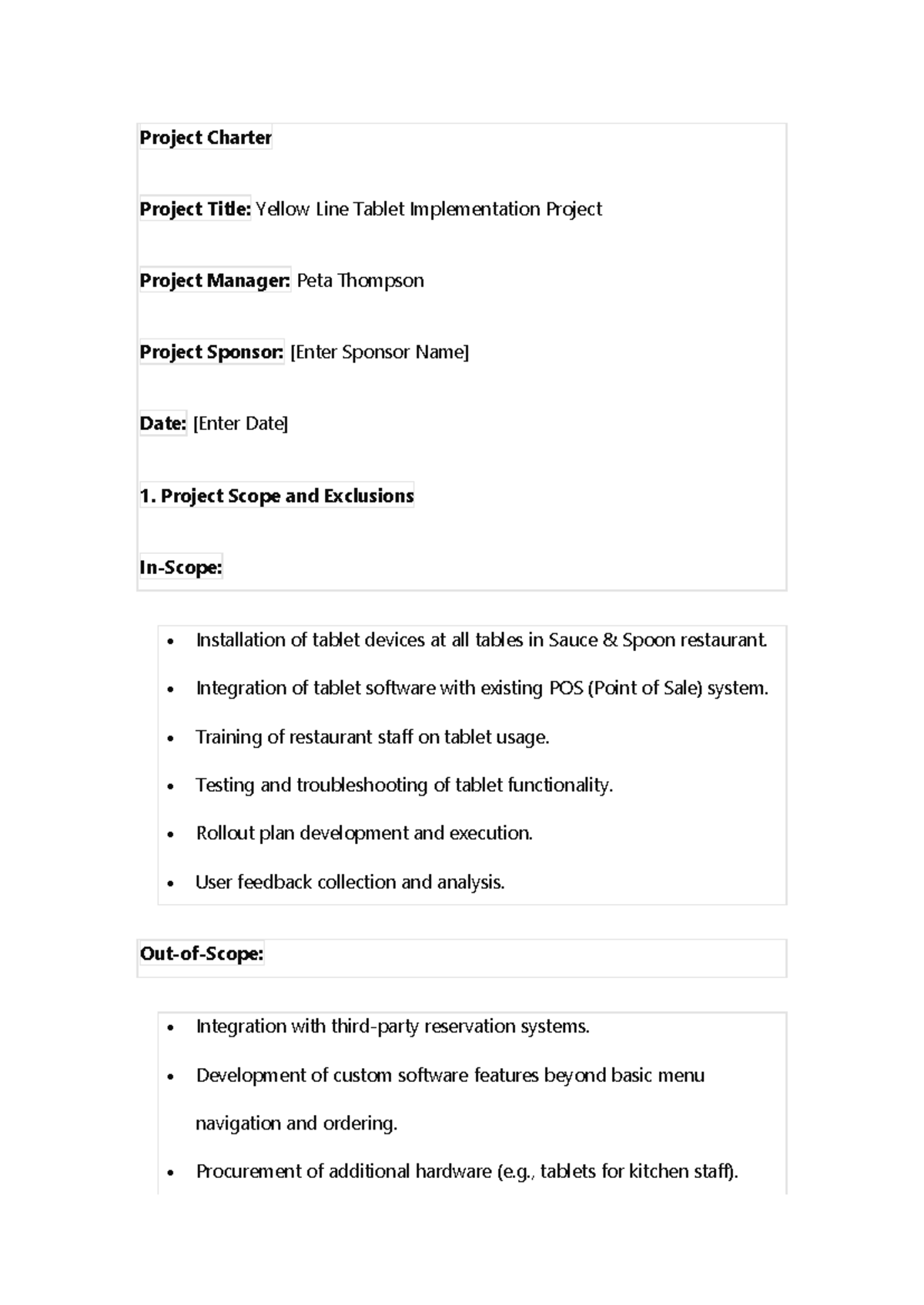 Project Title Yellow Line Tablet Implementation Project - Project Charter Project Title: Yellow ...