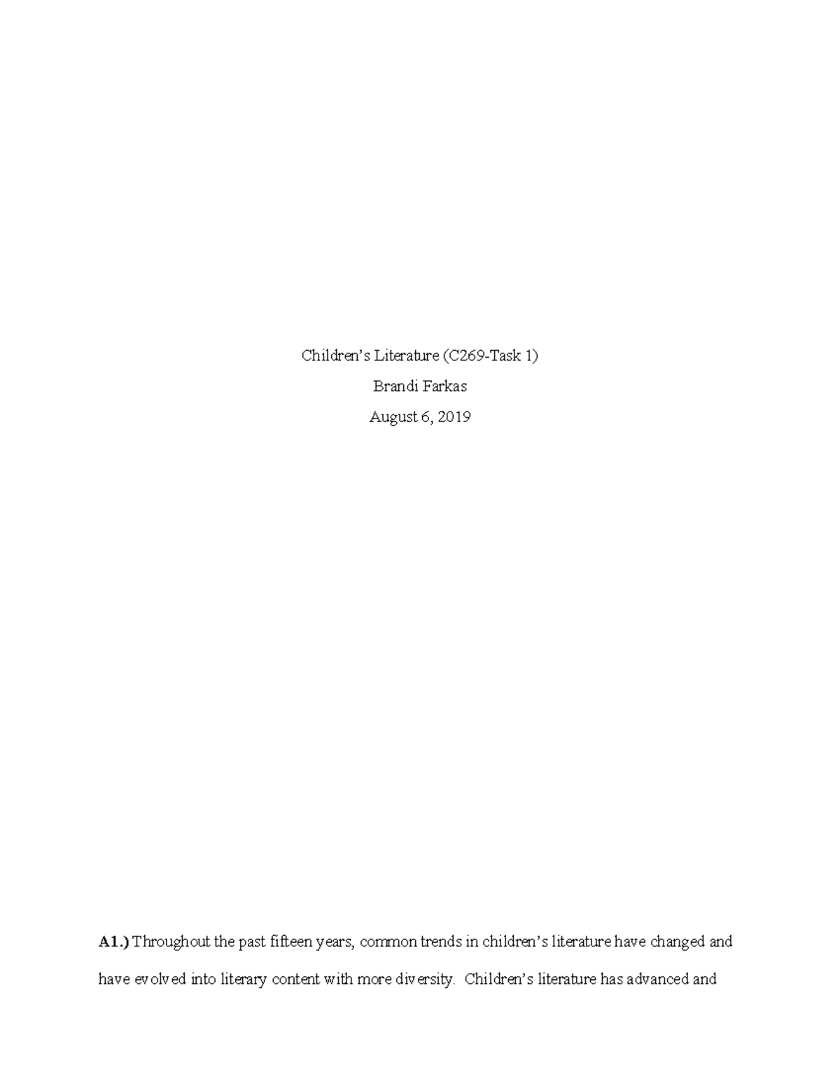 C269 Task1 - Task 1 - Children’s Literature (C269-Task 1) Brandi Farkas ...