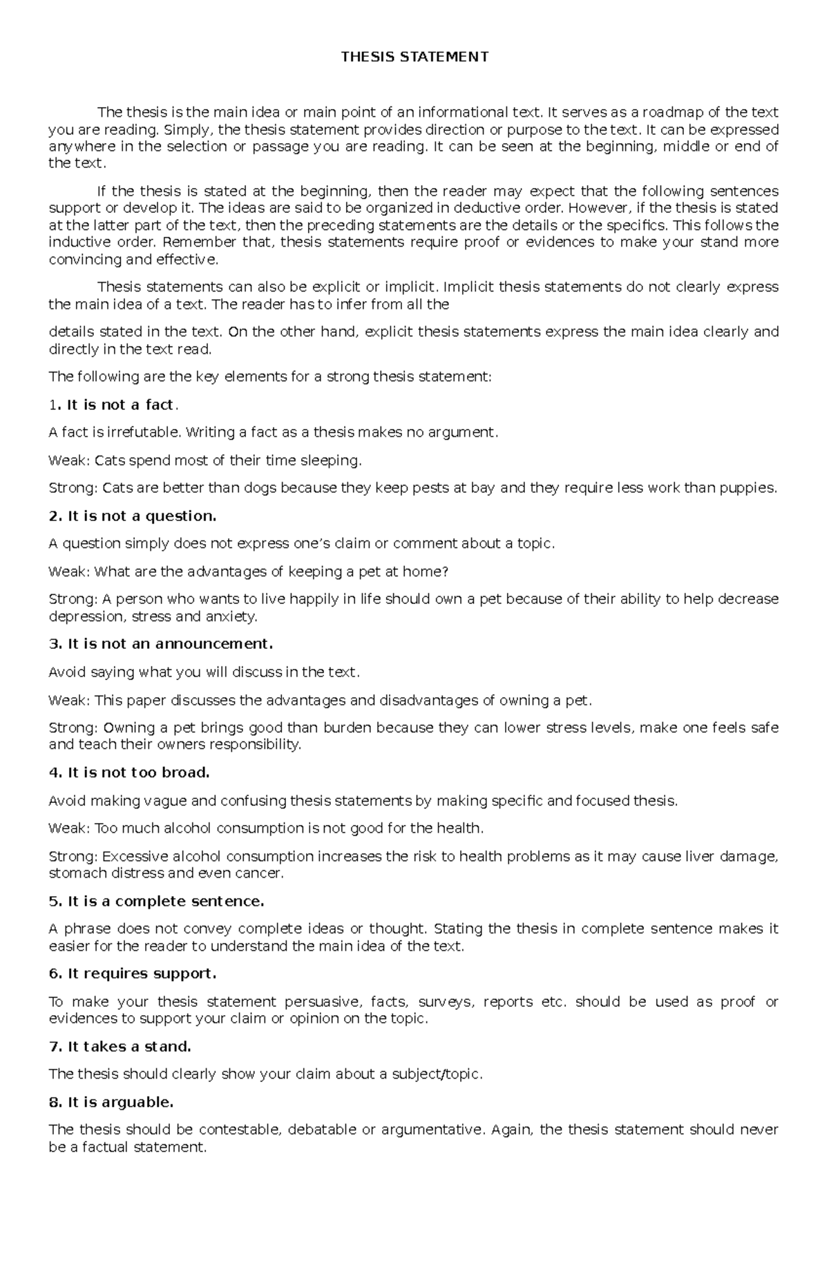 Thesis Statement - THESIS STATEMENT The thesis is the main idea or main ...