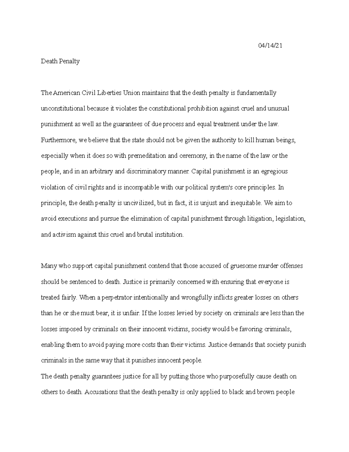 Death Penalty - 04/14/ Death Penalty The American Civil Liberties Union ...