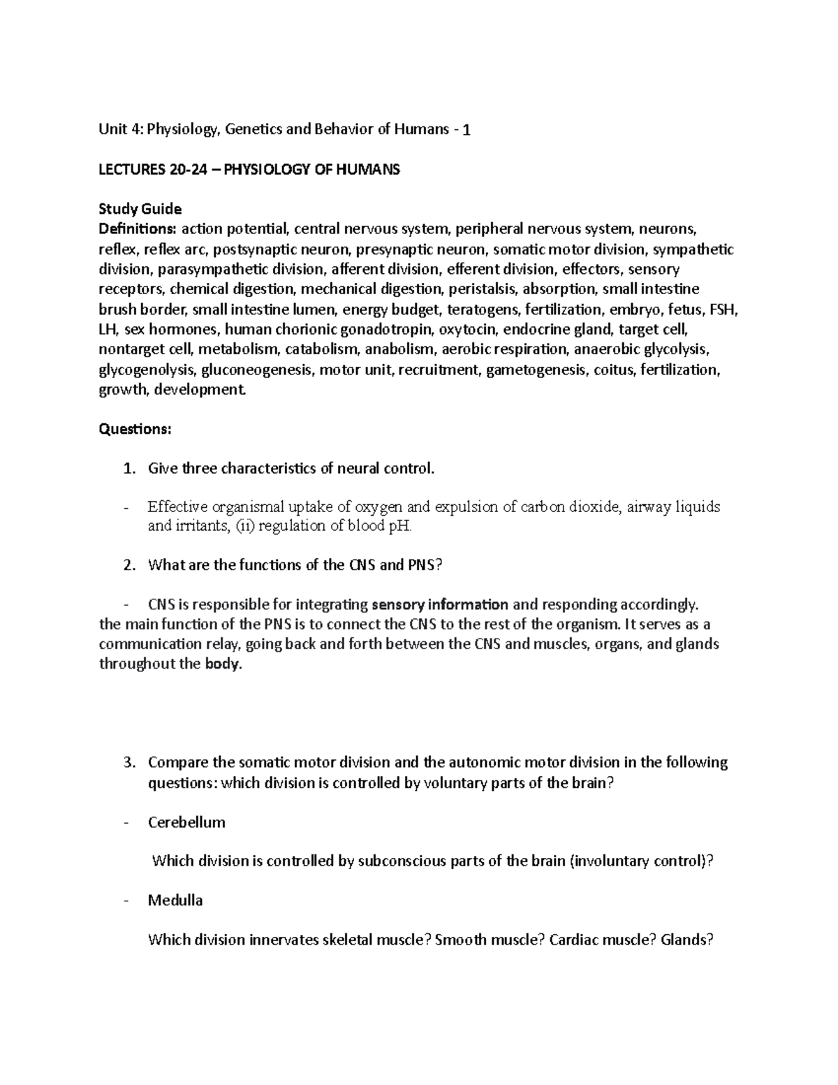 Bio stdy guide final - Unit 4: Physiology, Genetics and Behavior of ...