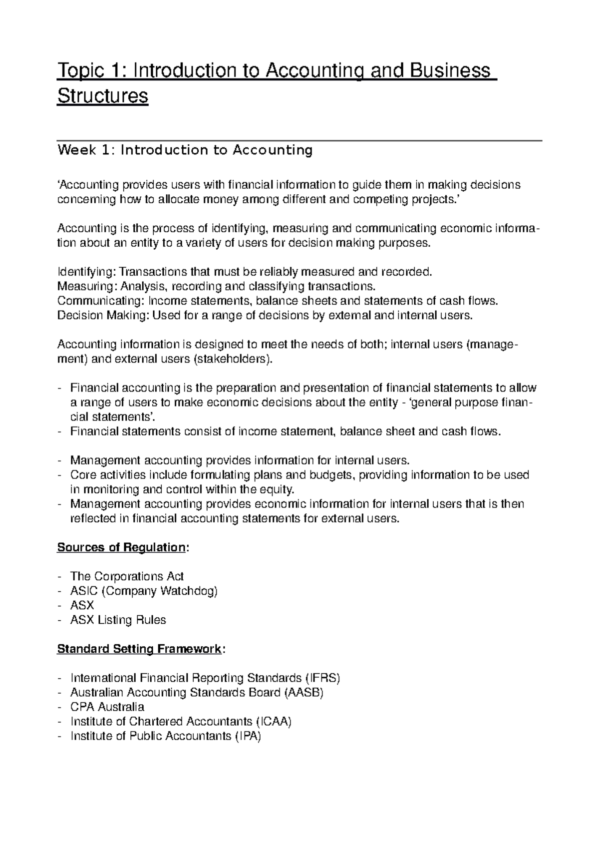 Accounting Summary - Topic 1: Introduction to Accounting and Business ...