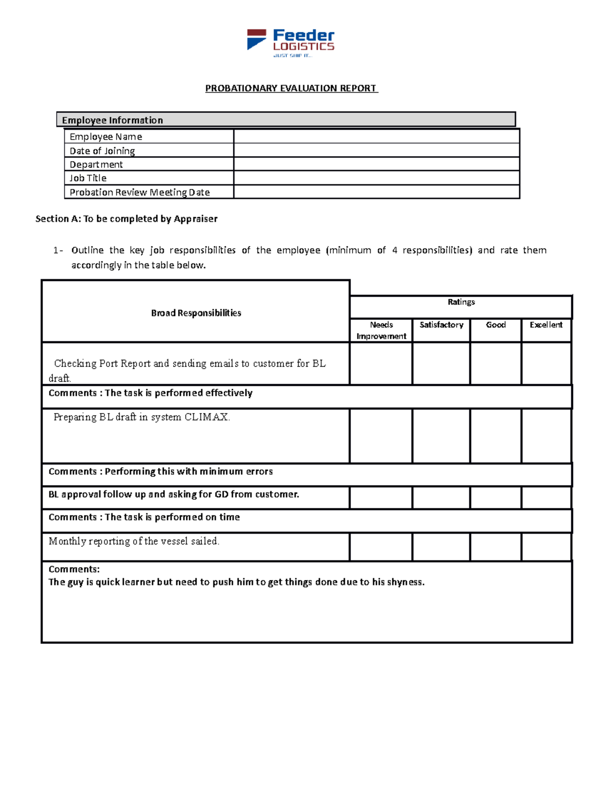 Section A - Probationary Evaluation Form - PROBATIONARY EVALUATION ...