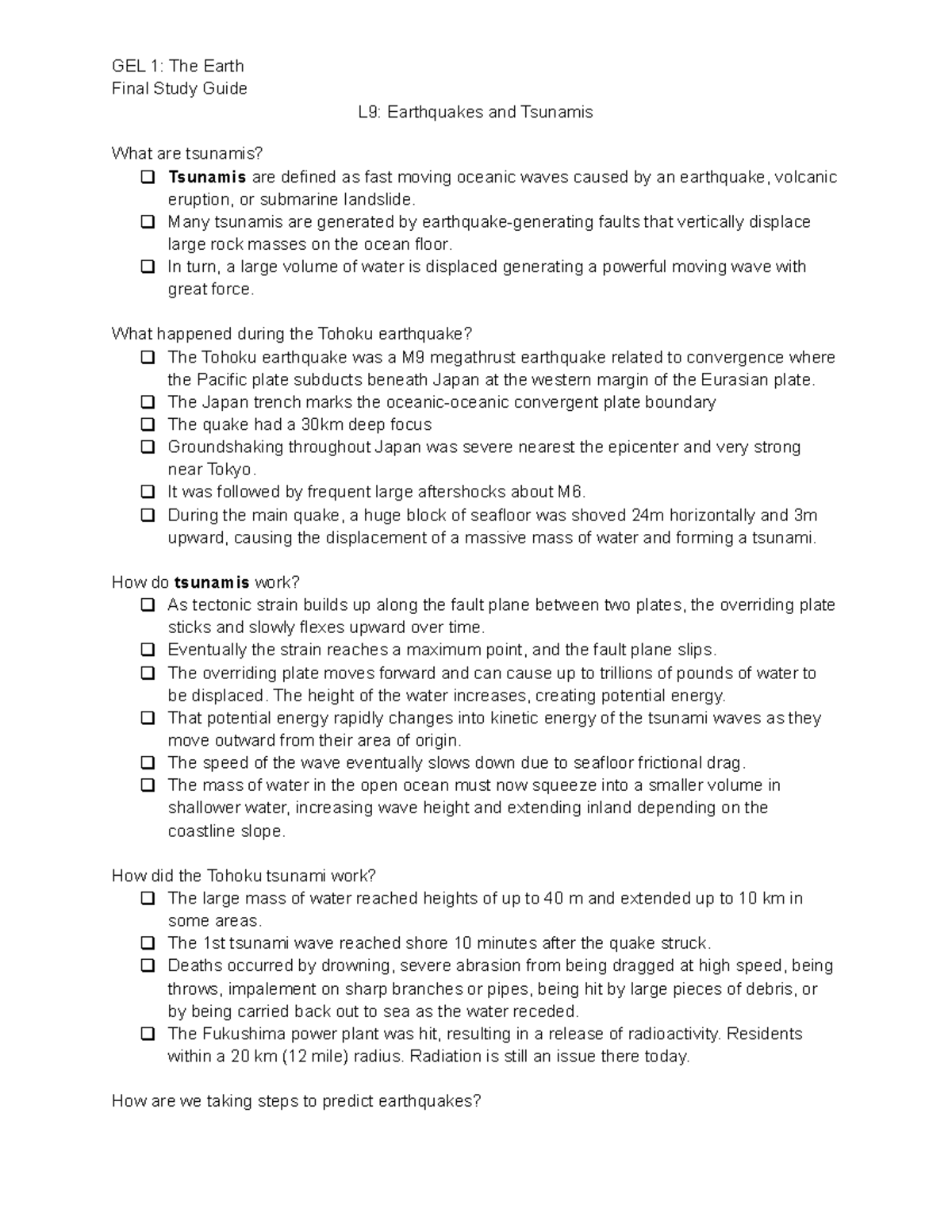 L9 Earthquakes and Tsunamis Review - GEL 1: The Earth Final Study Guide ...