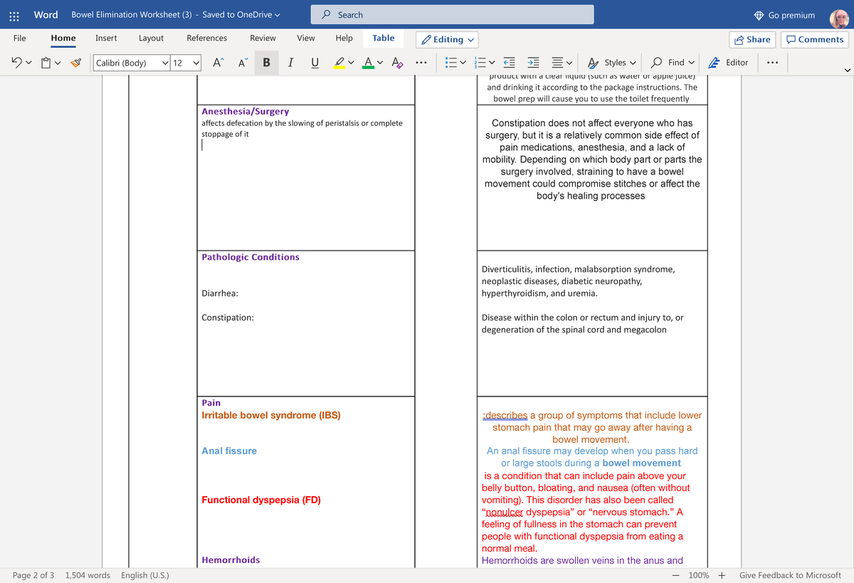 Bowel Elimination Worksheet (3).docx - Microsoft Word Online - Warning ...