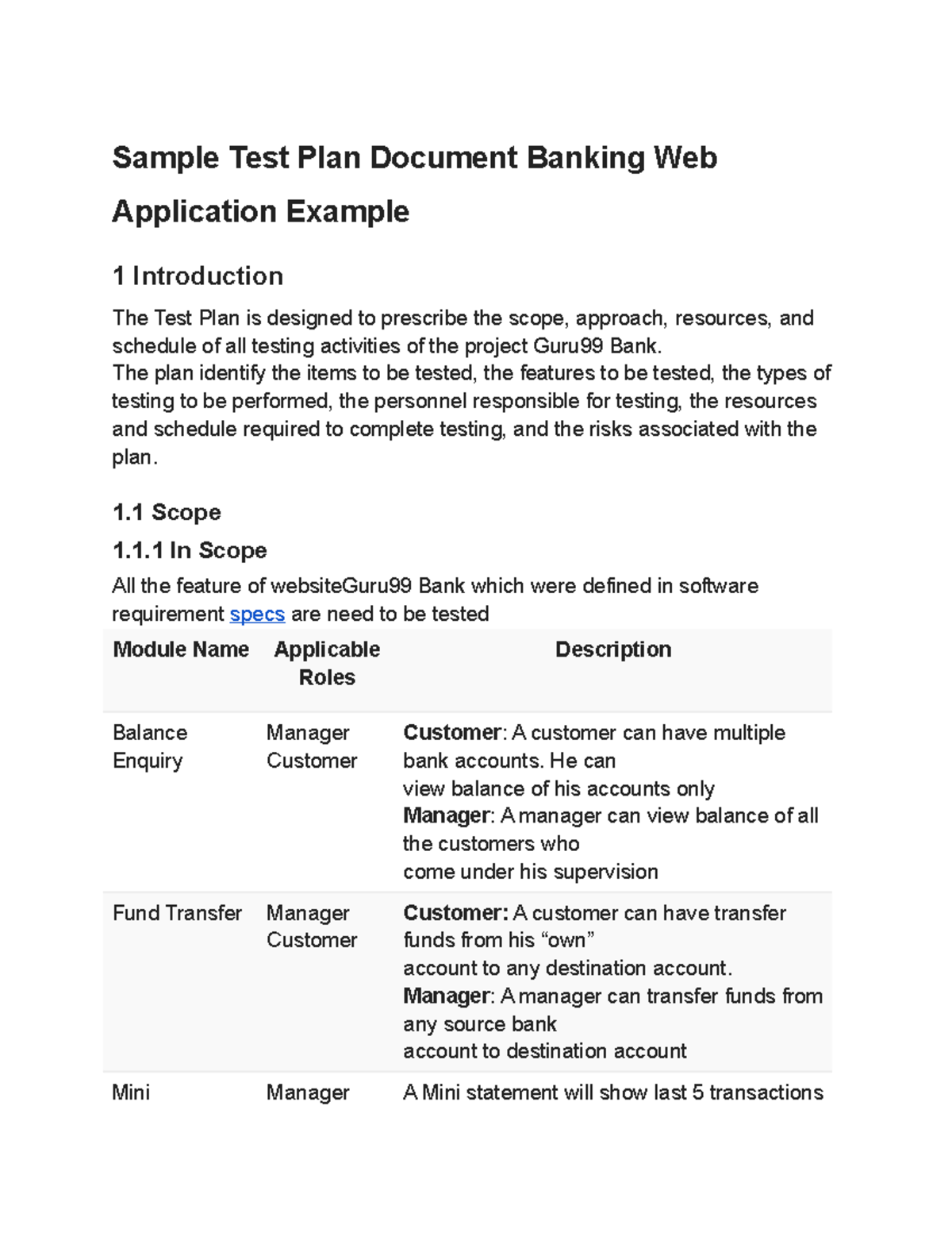 Test Plan Sample - Sample Test Plan Document Banking Web Application ...