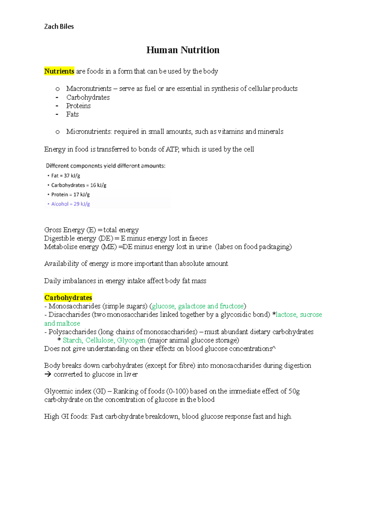 Lecture Notes: Human Nutrition - Zach Biles Human Nutrition Nutrients ...