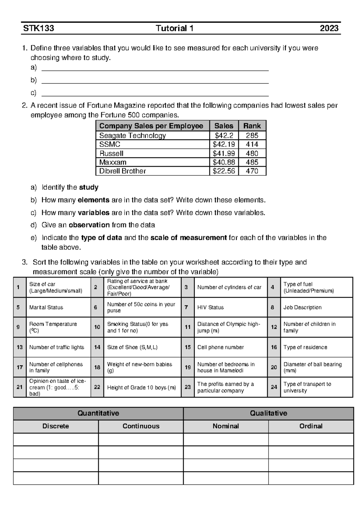 STK133 - Tutorial 1 Worksheet - 2023 - STK 133 Tutorial 1 2023 1. Define three variables that ...