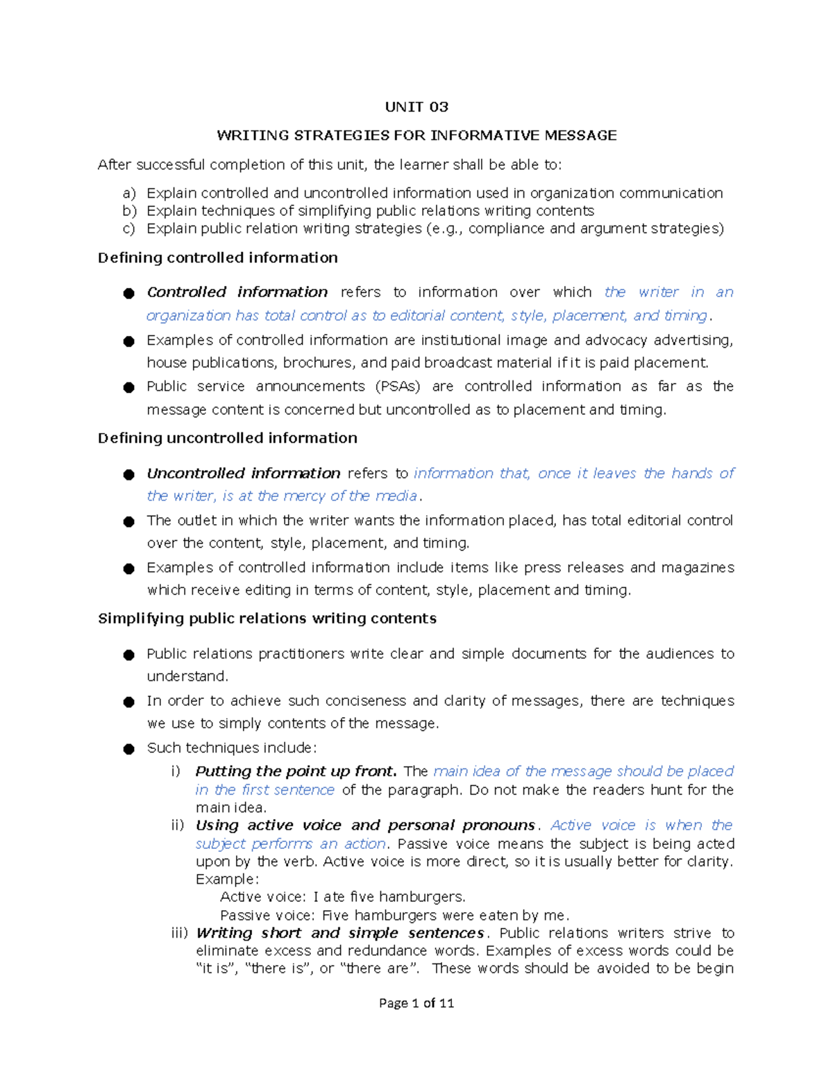 UNIT 03 - Writing strategies for an informative message - UNIT 03 ...