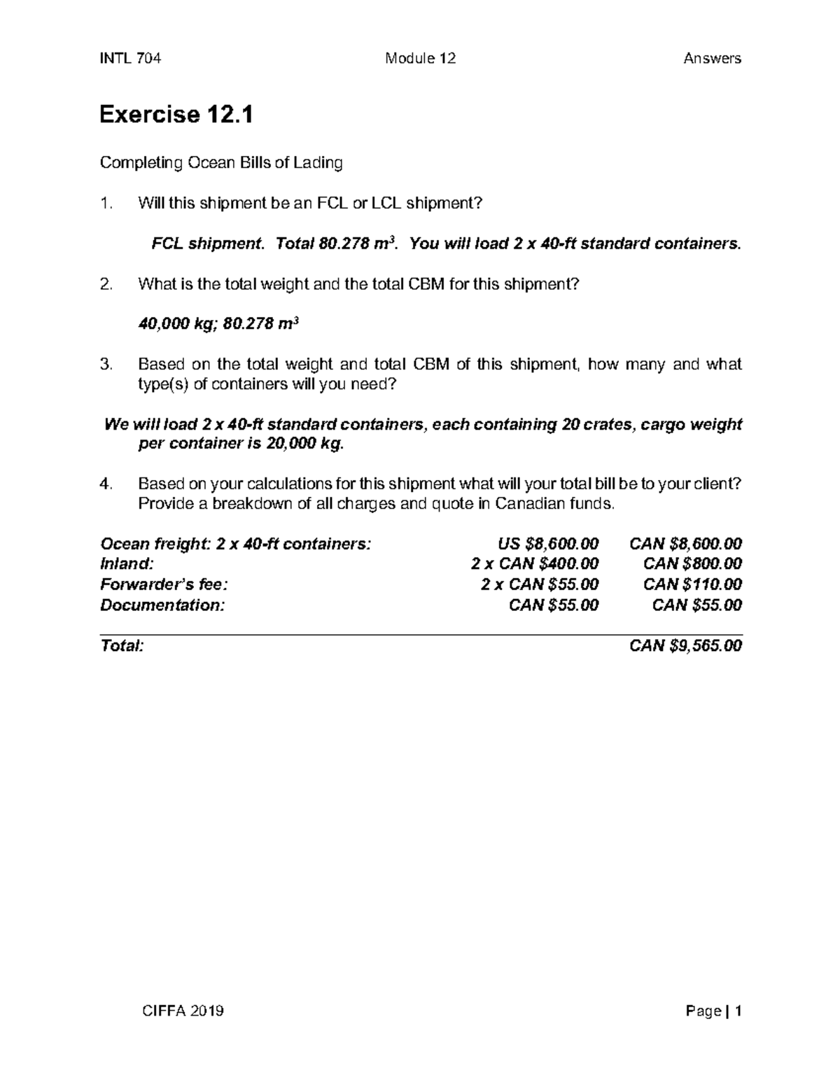 INTL 704 Exercises on Mod.12 Ocean Bill of Lading - Exercise 12 ...
