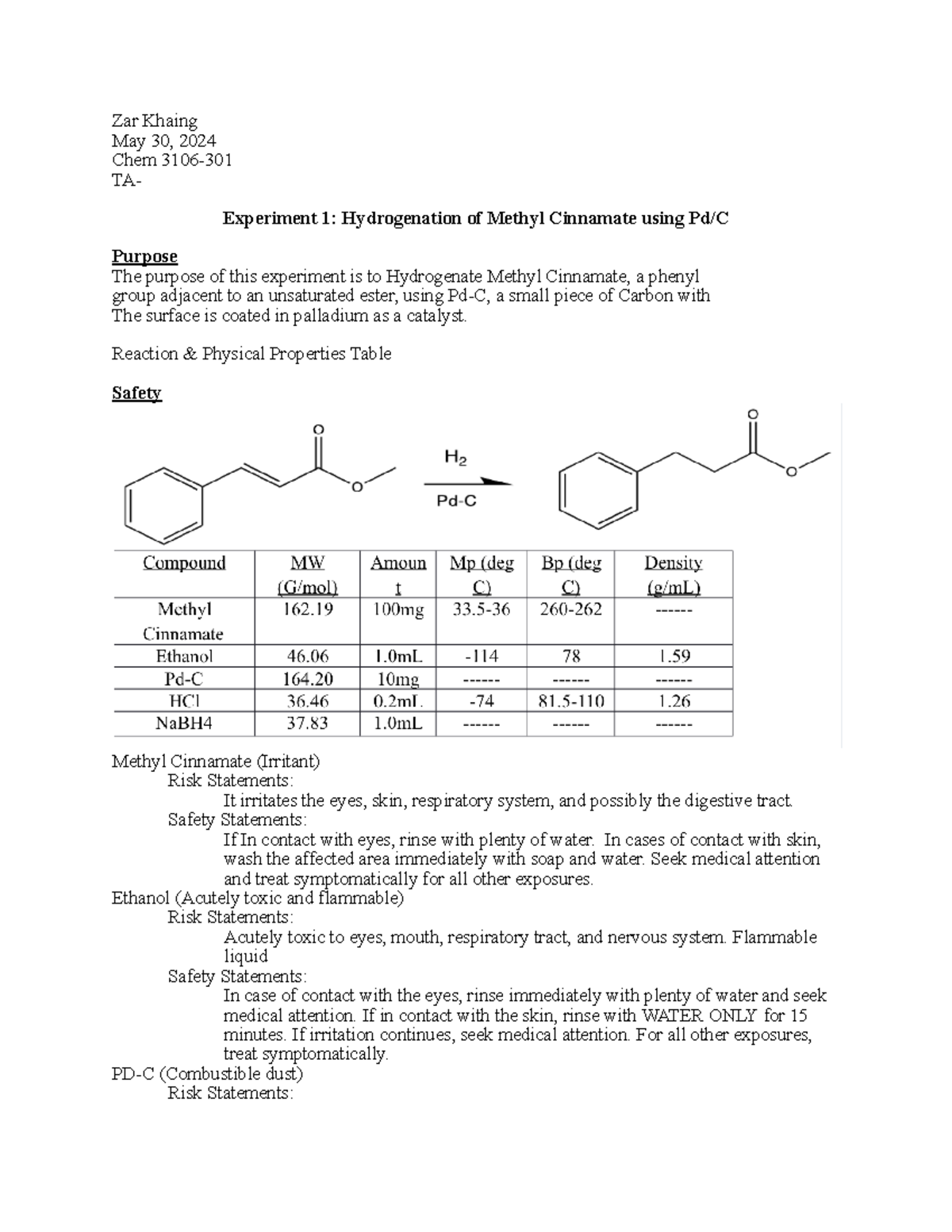 Summer 2024 OChem - Summary Experimental Organic Chemistry II - Zar Khaing May 30, 2024 Chem ...