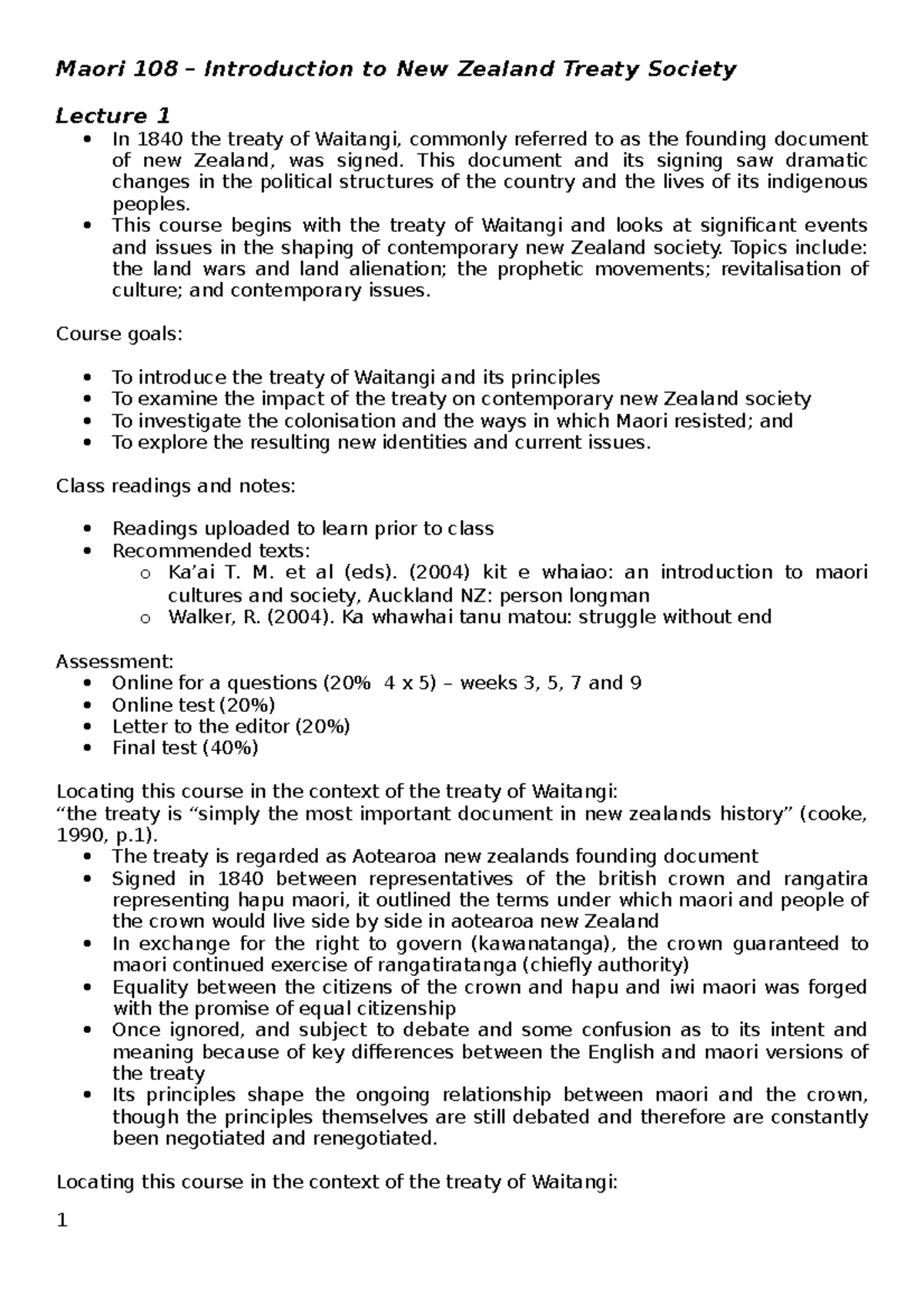Maori 108 - Lecture notes all lectures - Maori 108 – Introduction to ...