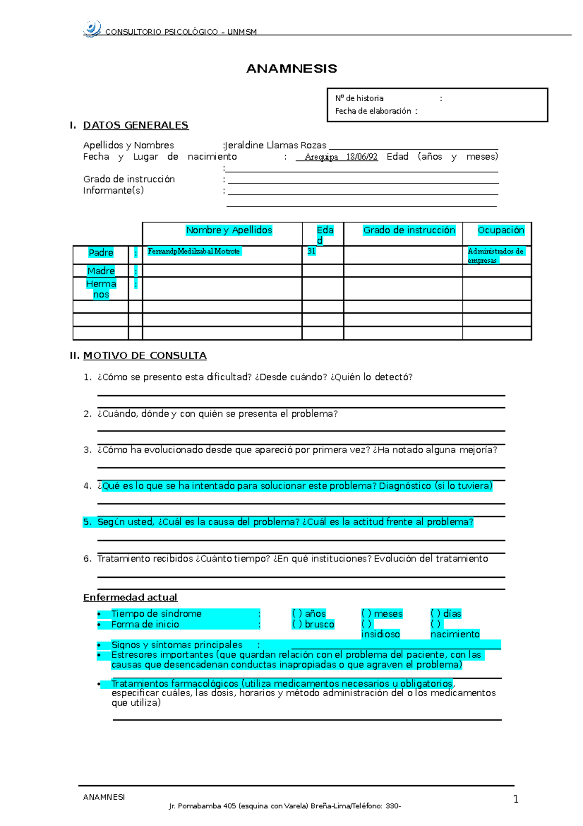 Anamnesis en proseso - Modelo de ananesis - ANAMNESIS I. DATOS ...