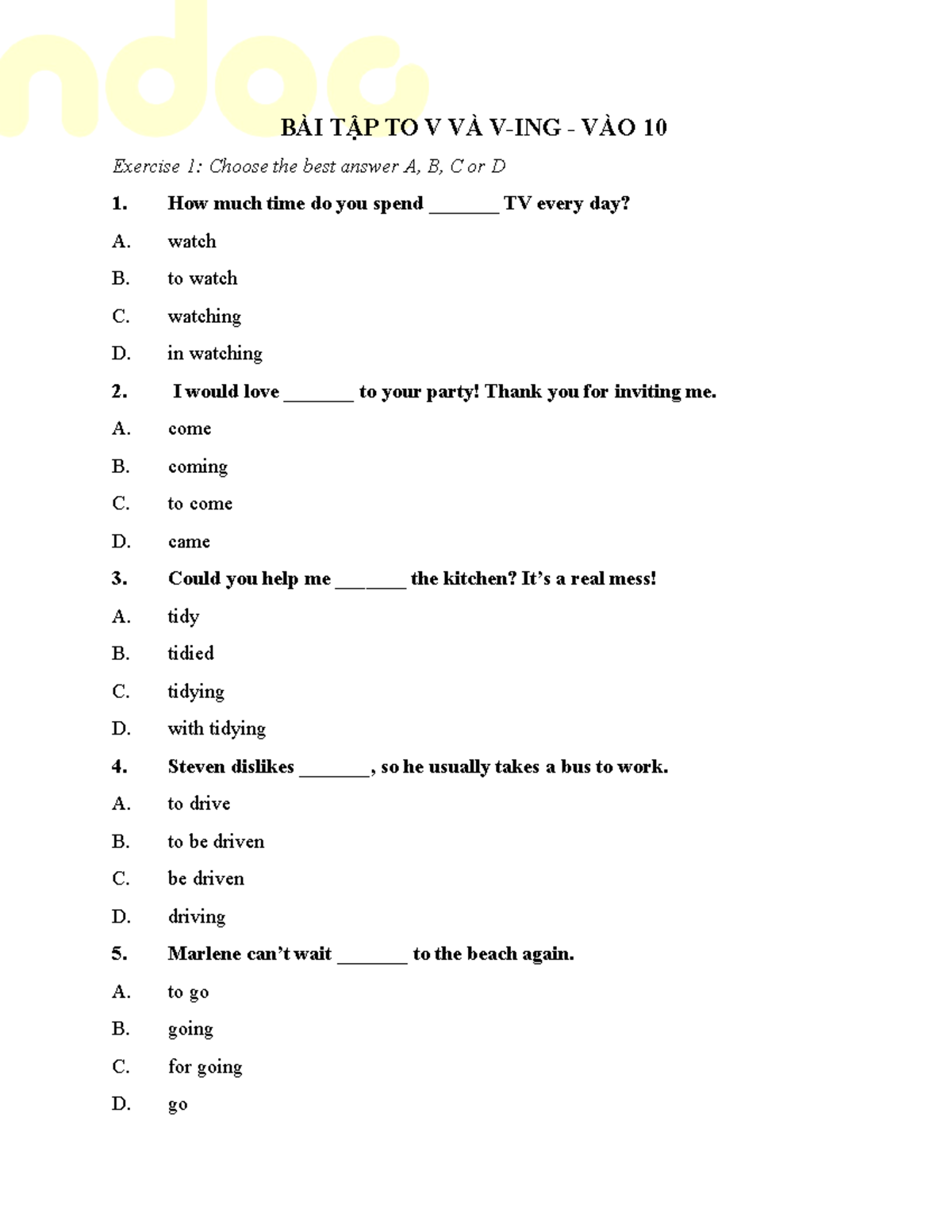 1. TO V and V - ing - English Exercise - BÀI TẬP TO V VÀ V-ING - VÀO 10 ...