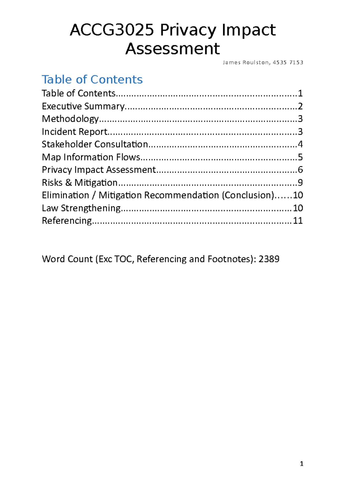 James Roulston 4535 7153 ACCG3025 PIA - Assessment Table of - Studocu