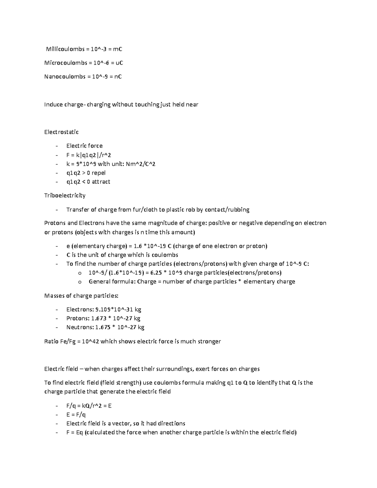Physic 102 Review - Millicoulombs = 10^-3 = mC Microcoulombs = 10^-6 ...