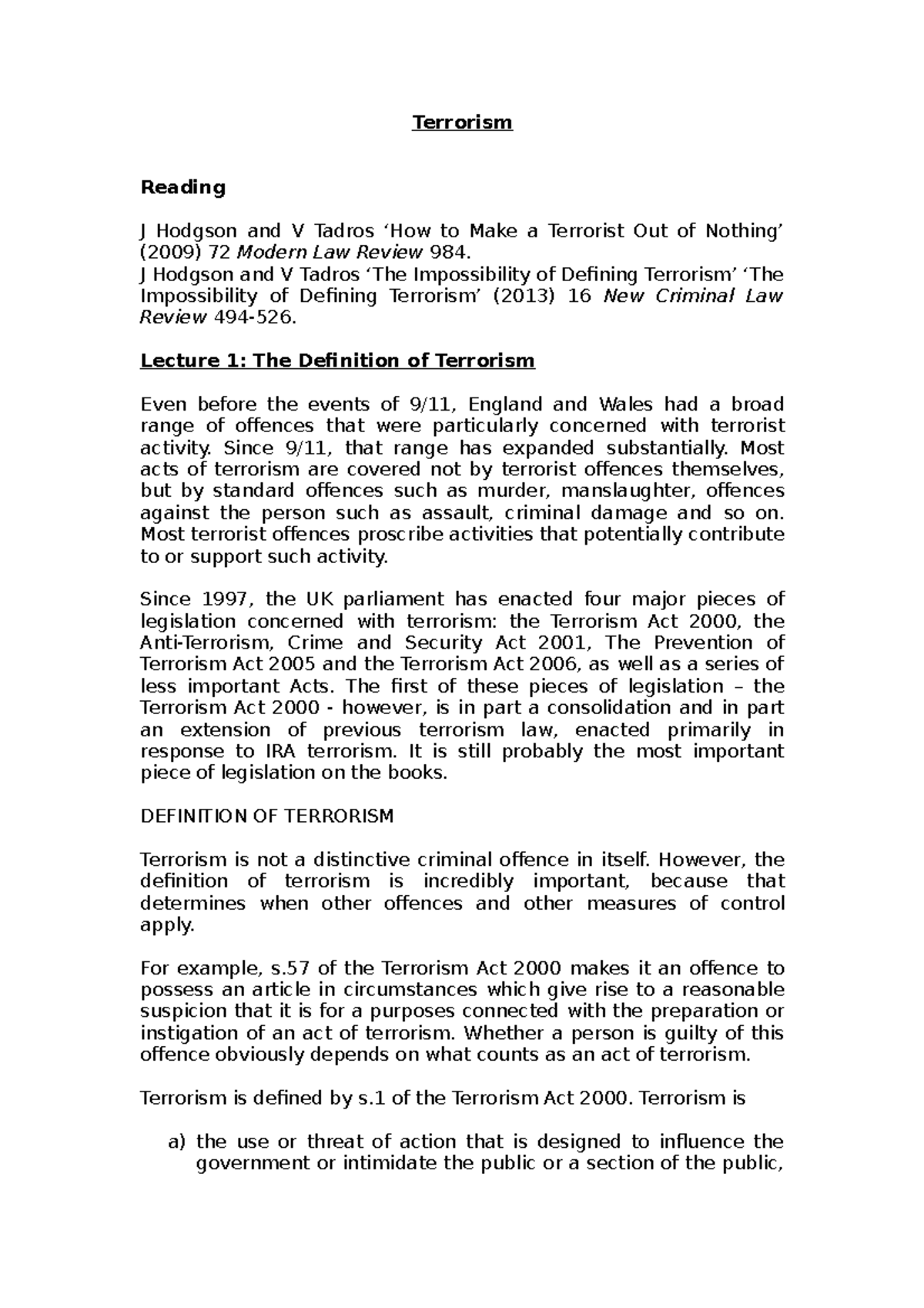 Terrorism lecture 1 and 2 notes - Terrorism Reading J Hodgson and V ...