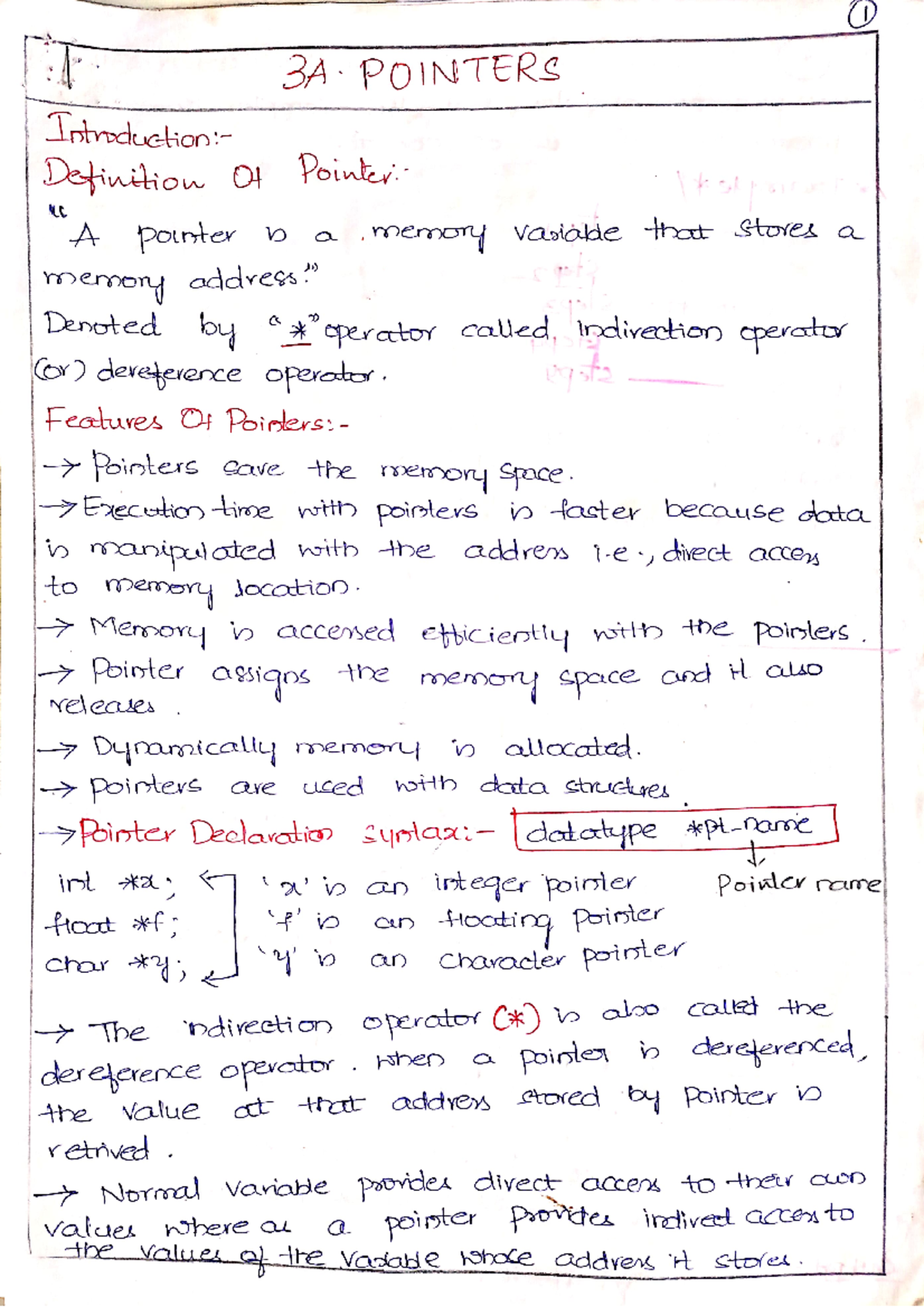 PPS Pointers - 1 3A. POINTERS Definition Of A pointer is a memory variable that stores a memory ...