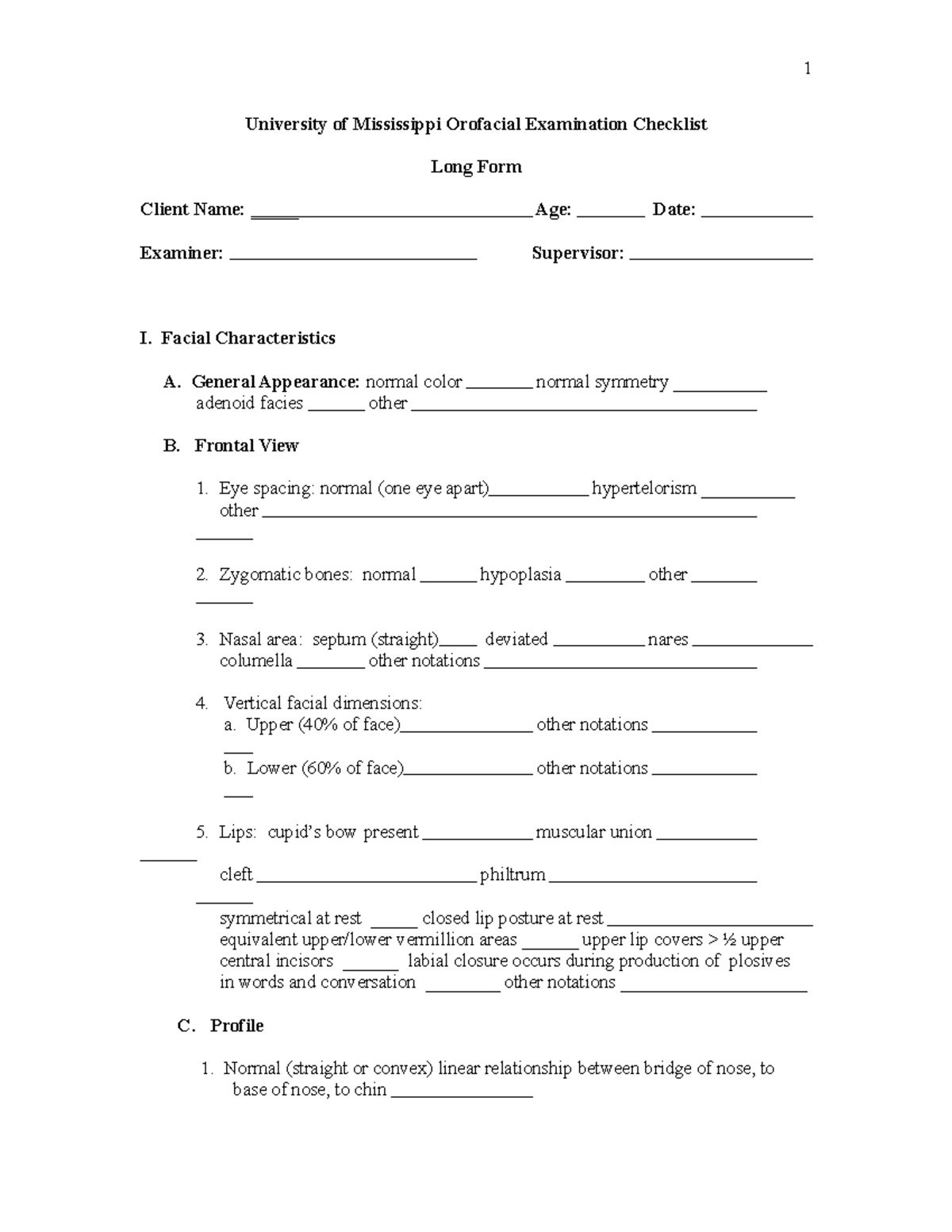 University of Mississippi Orofacial Examination Checklist - Facial ...
