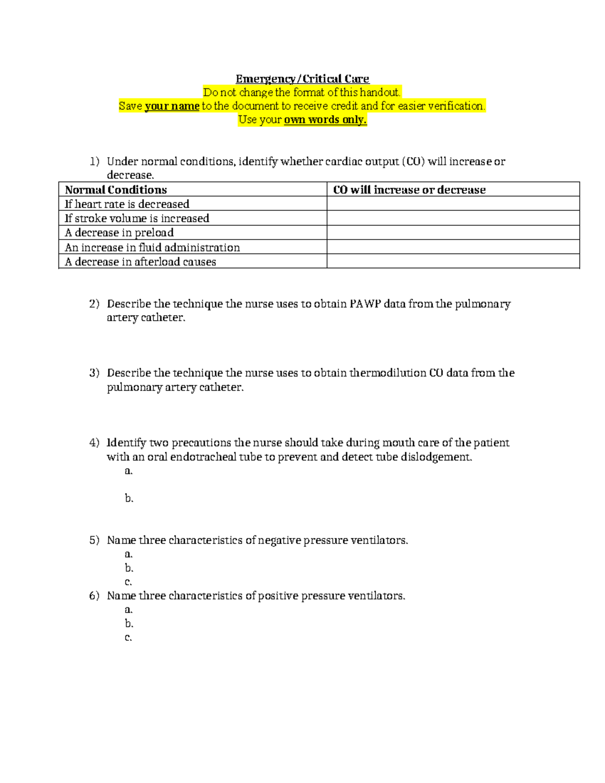 Week 3 Handout - Emergency Critical Care - Emergency/Critical Care Do ...
