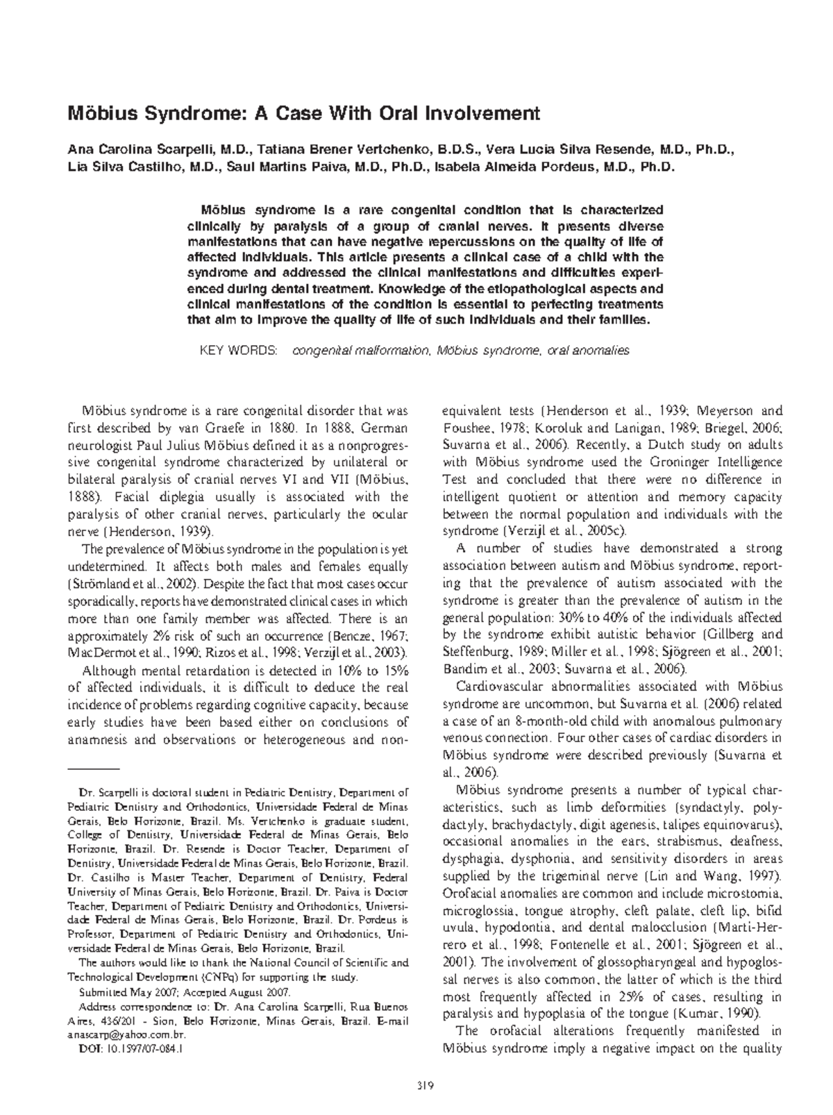 Mobius Syndrome A Case With Oral Involvement 3 - , Tatiana Brener ...