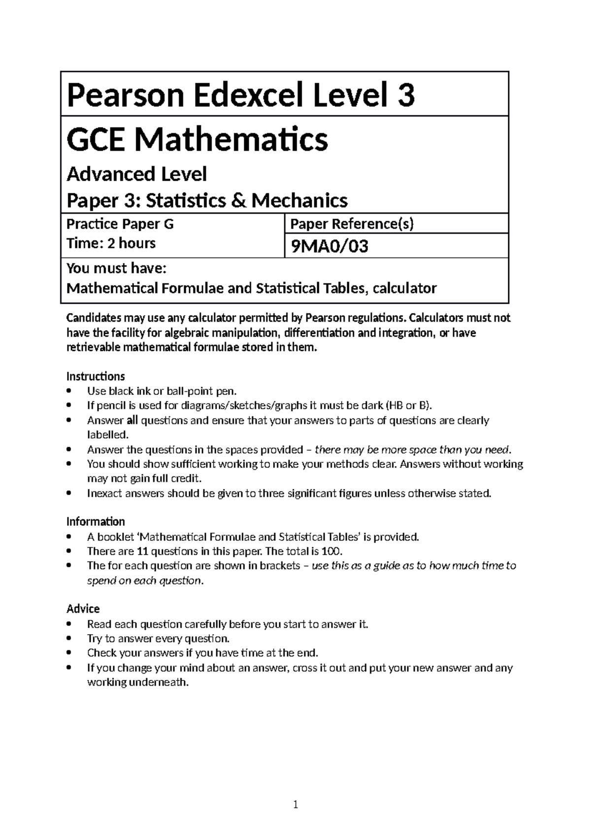 07a a level mathematics practice paper g statistics and mechanics ...
