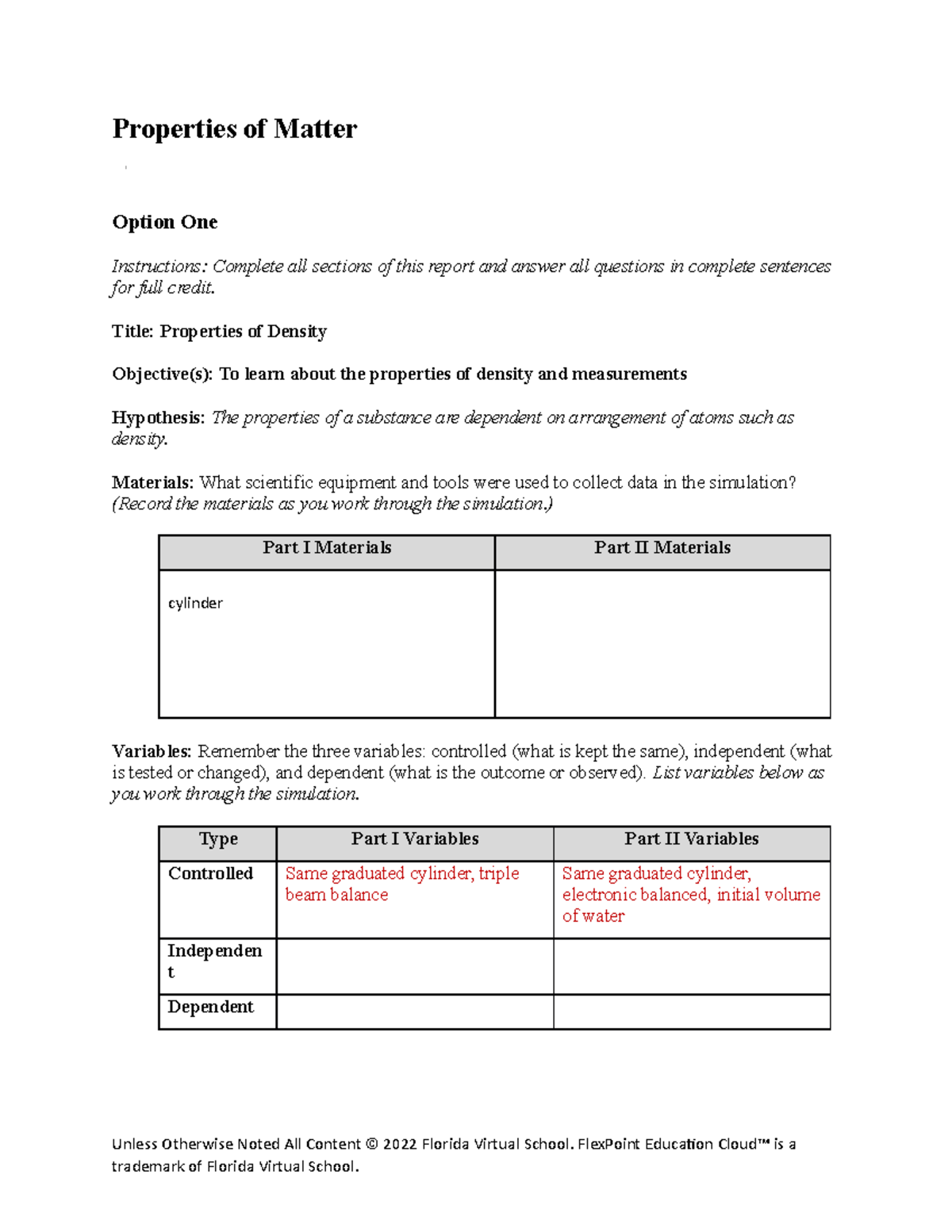 Properties matter option one report - Properties of Matter Option One ...
