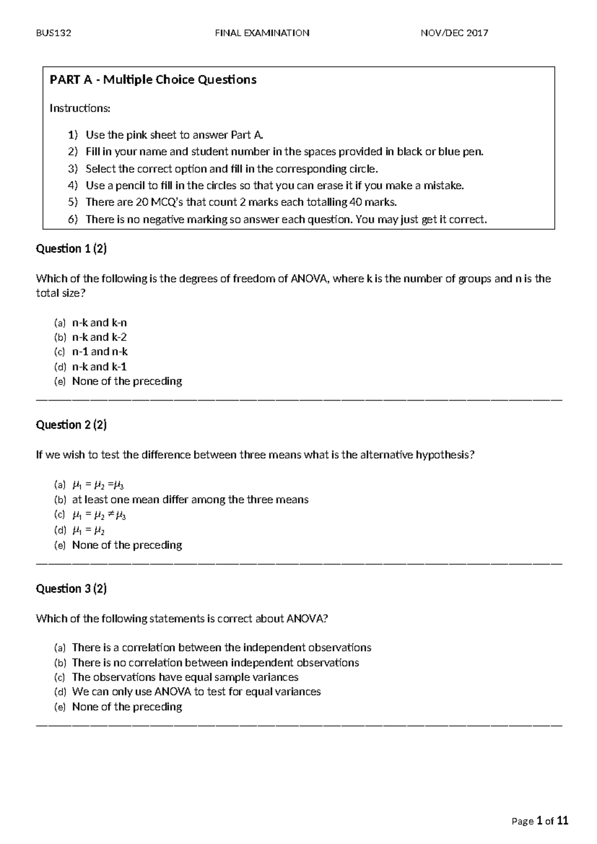 BUS132 Final Exam 2017 - it is the past question paper - Question 1 (2 ...