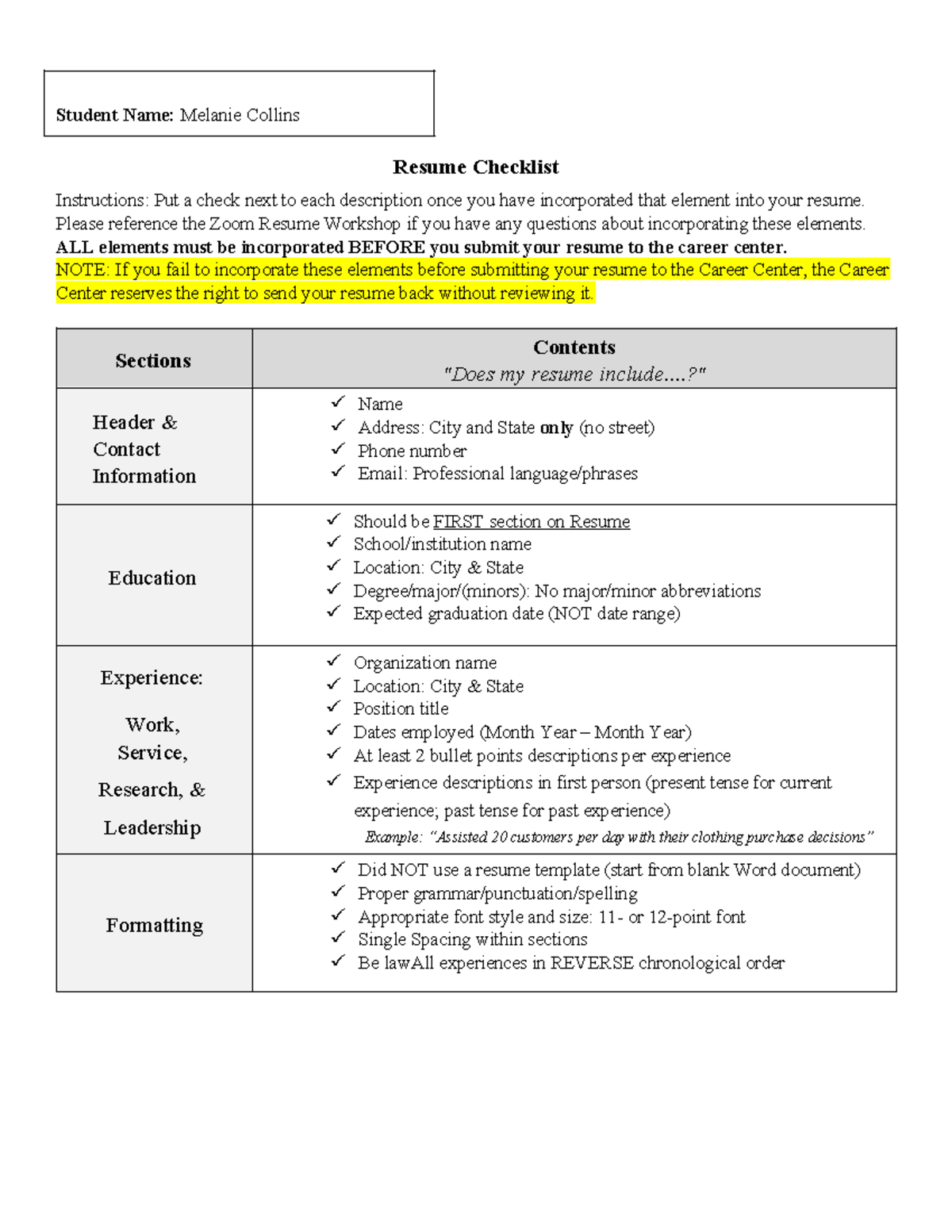 Resume Checklist - Resume Checklist Instructions: Put a check next to ...