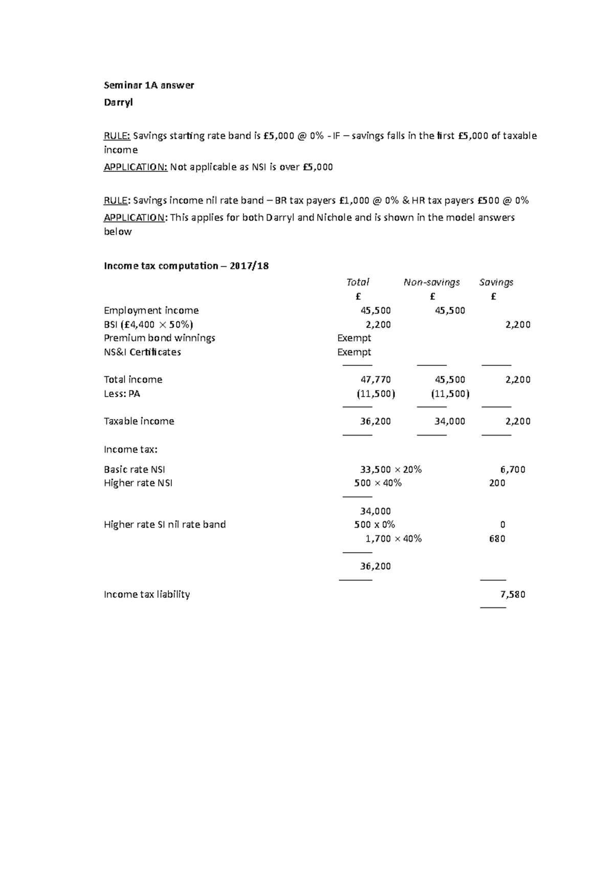 Seminar 1a A - TAX COMPLIANCE - Seminar 1A answer Darryl RULE: Savings ...