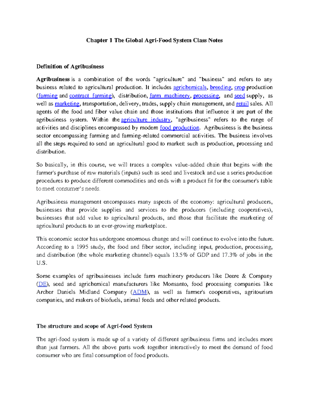 Lecture Notes of Chapter 1 - Chapter 1 The Global Agri-Food System ...