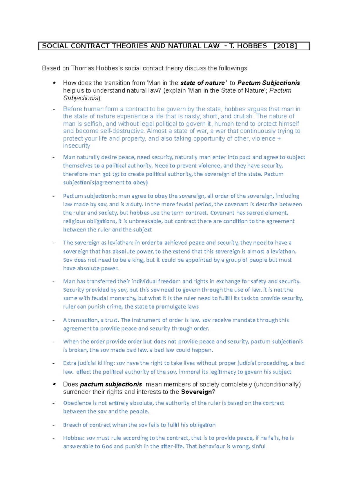 Tutorial 2018 - Social Contract Theories AND Natural LAW - T Hobbes ...