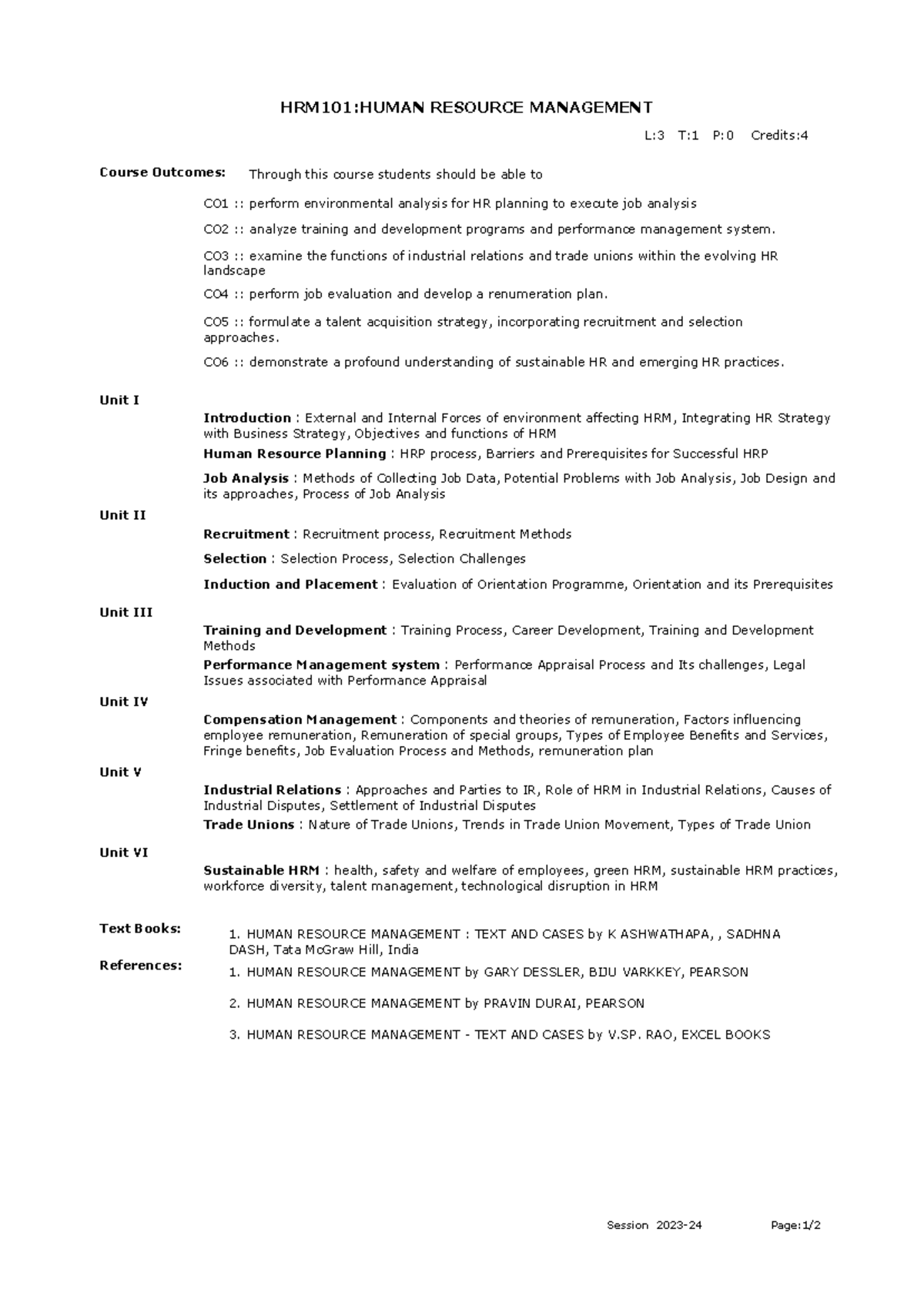 Frm Course Syllabus IPDownload - HRM101:HUMAN RESOURCE MANAGEMENT Course Outcomes: CO1 ...