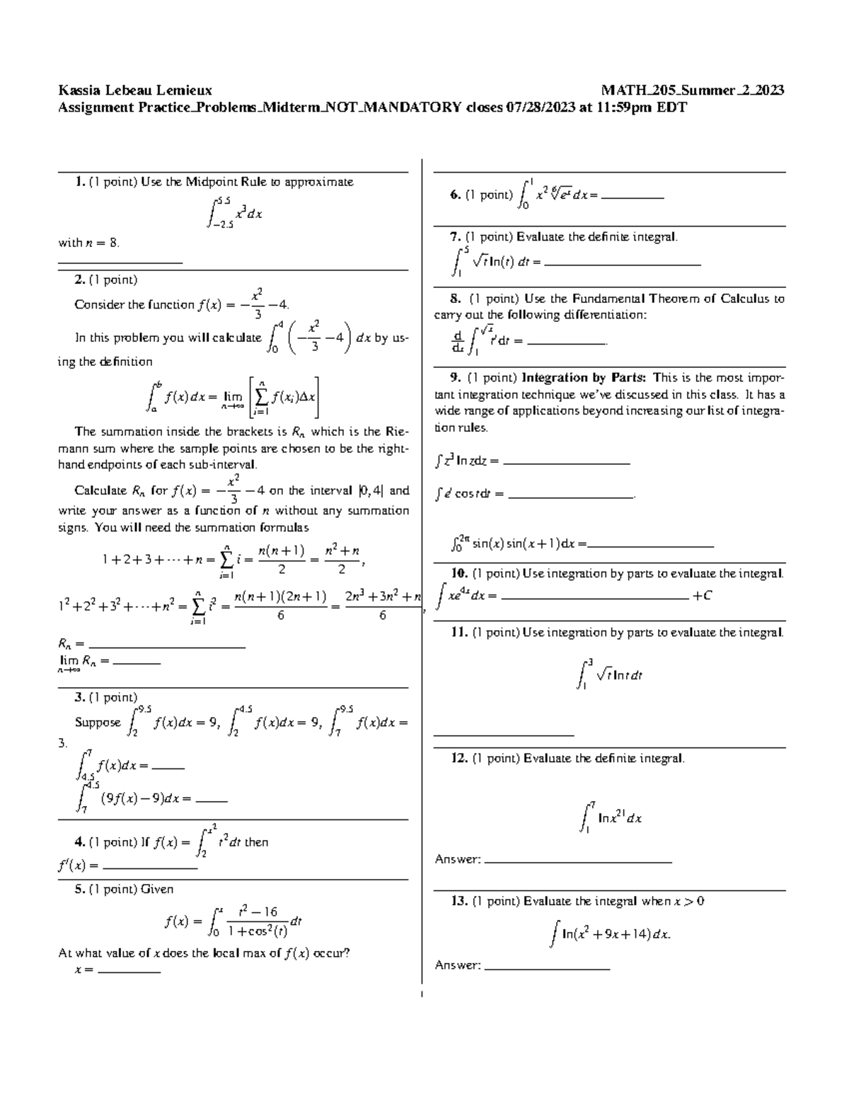 MATH 205 Summer 2 2023 Problems Midterm - Kassia Lebeau Lemieux MATH 205 Summer 2 2023 ...